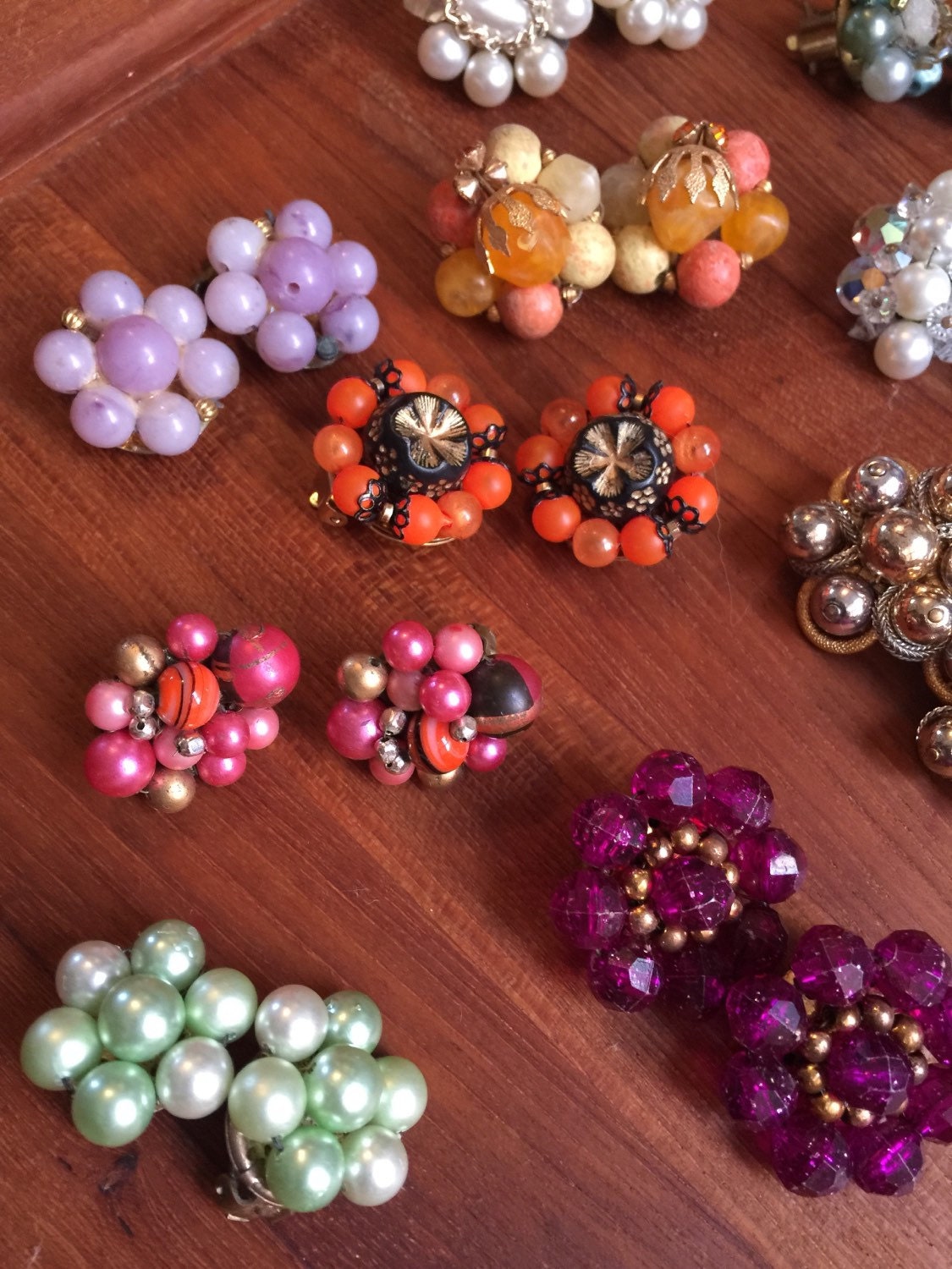 11 pair collection of colorful vintage cluster bead earrings