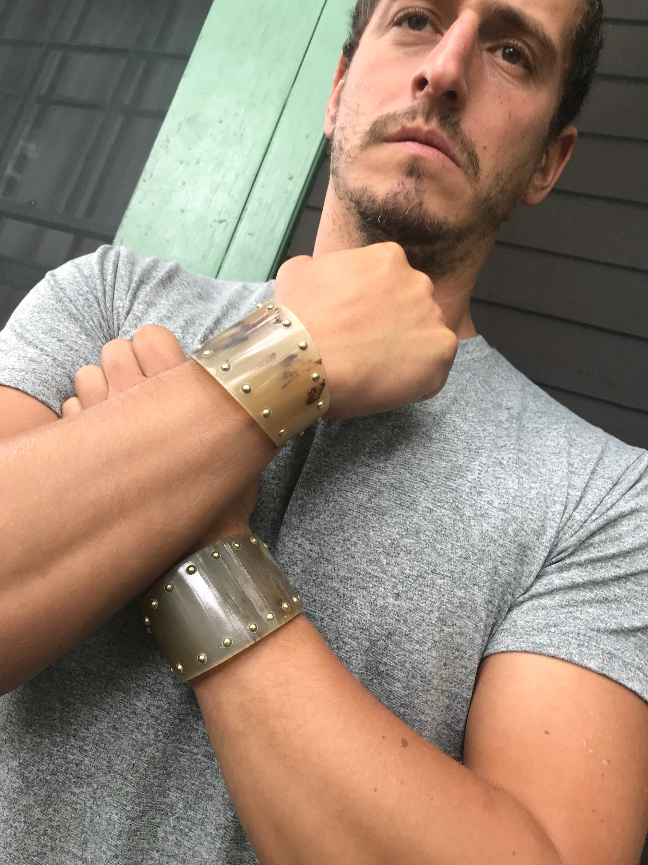 Natural Horn and Brass Stud Cuff Bracelet Set, Eco Modern Vintage ...