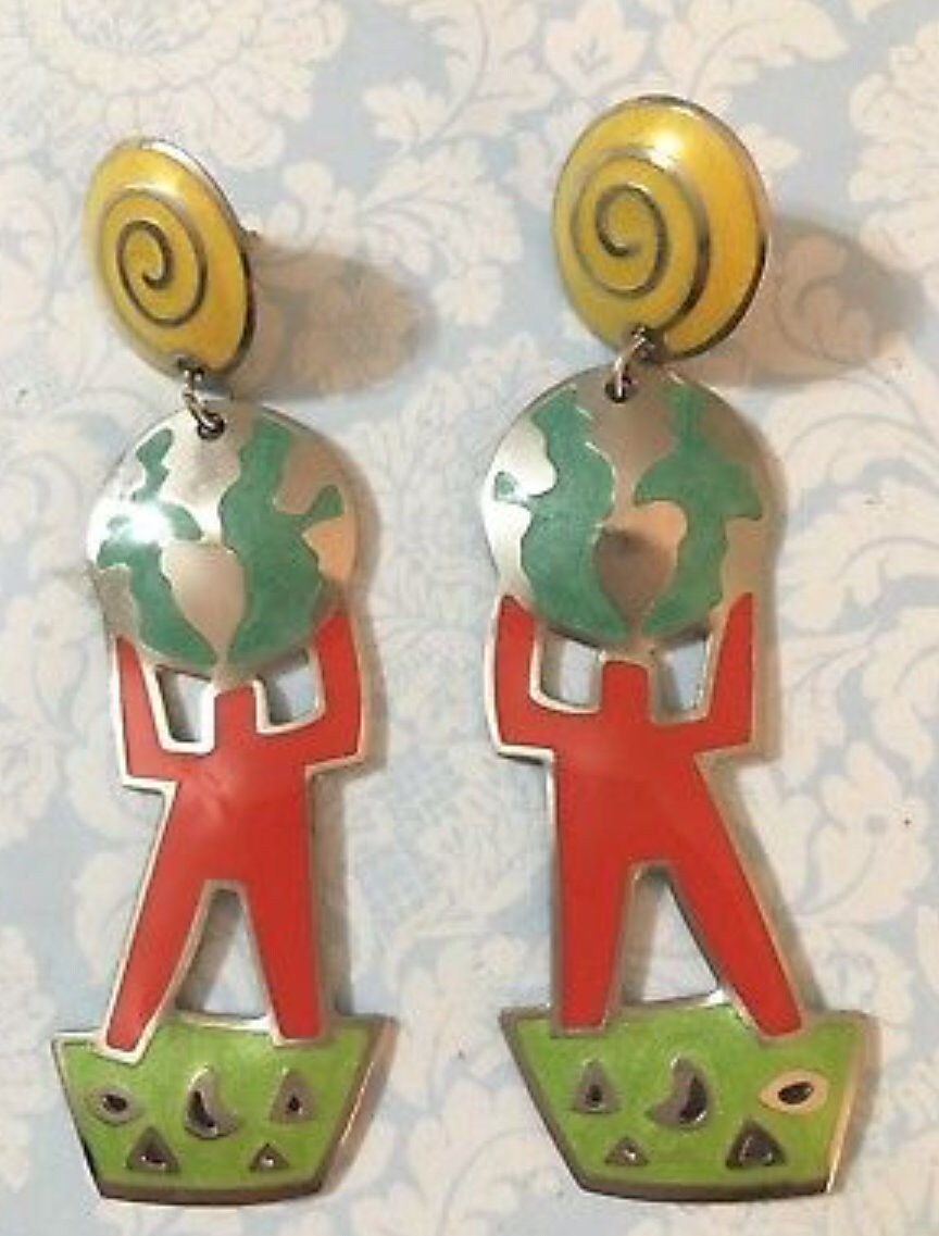 Awesome 80s Designer Edgar Berebi Earrings Orange Man Carrying World on ...
