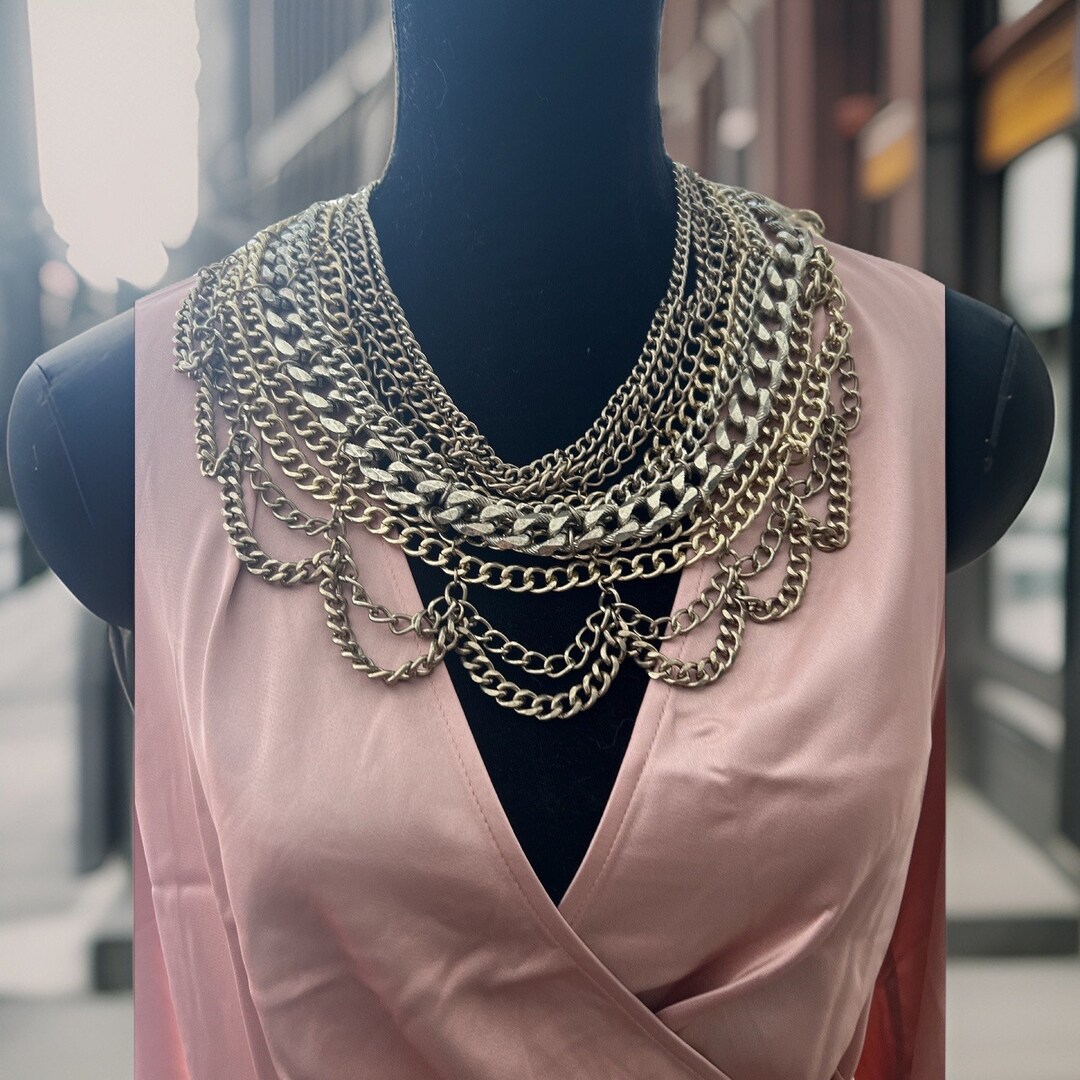 Y2K Glamour Grunge Chain Collar Statement Necklace, Multi Strands of ...