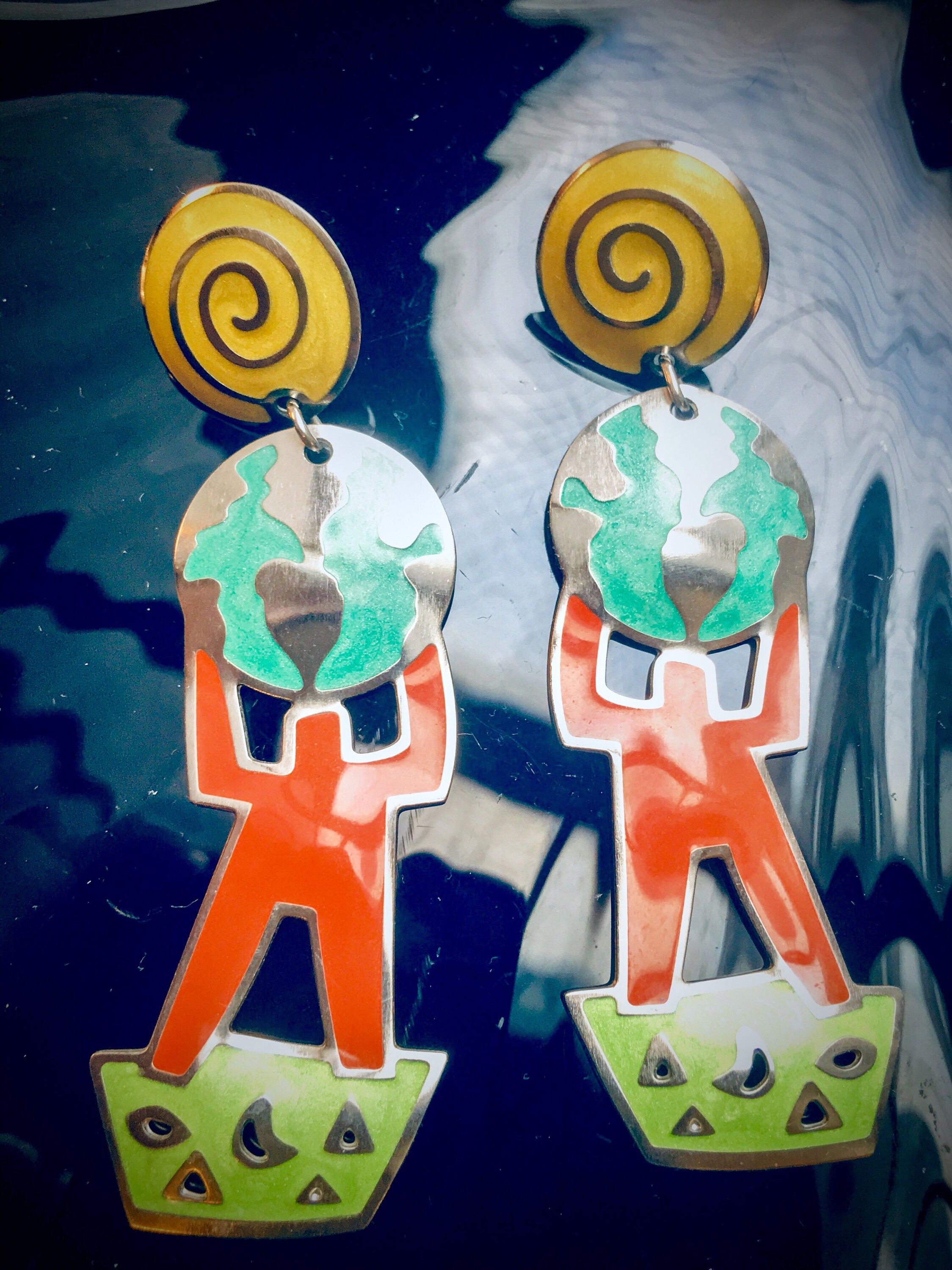 Awesome 80s Designer Edgar Berebi Earrings Orange Man Carrying World on ...