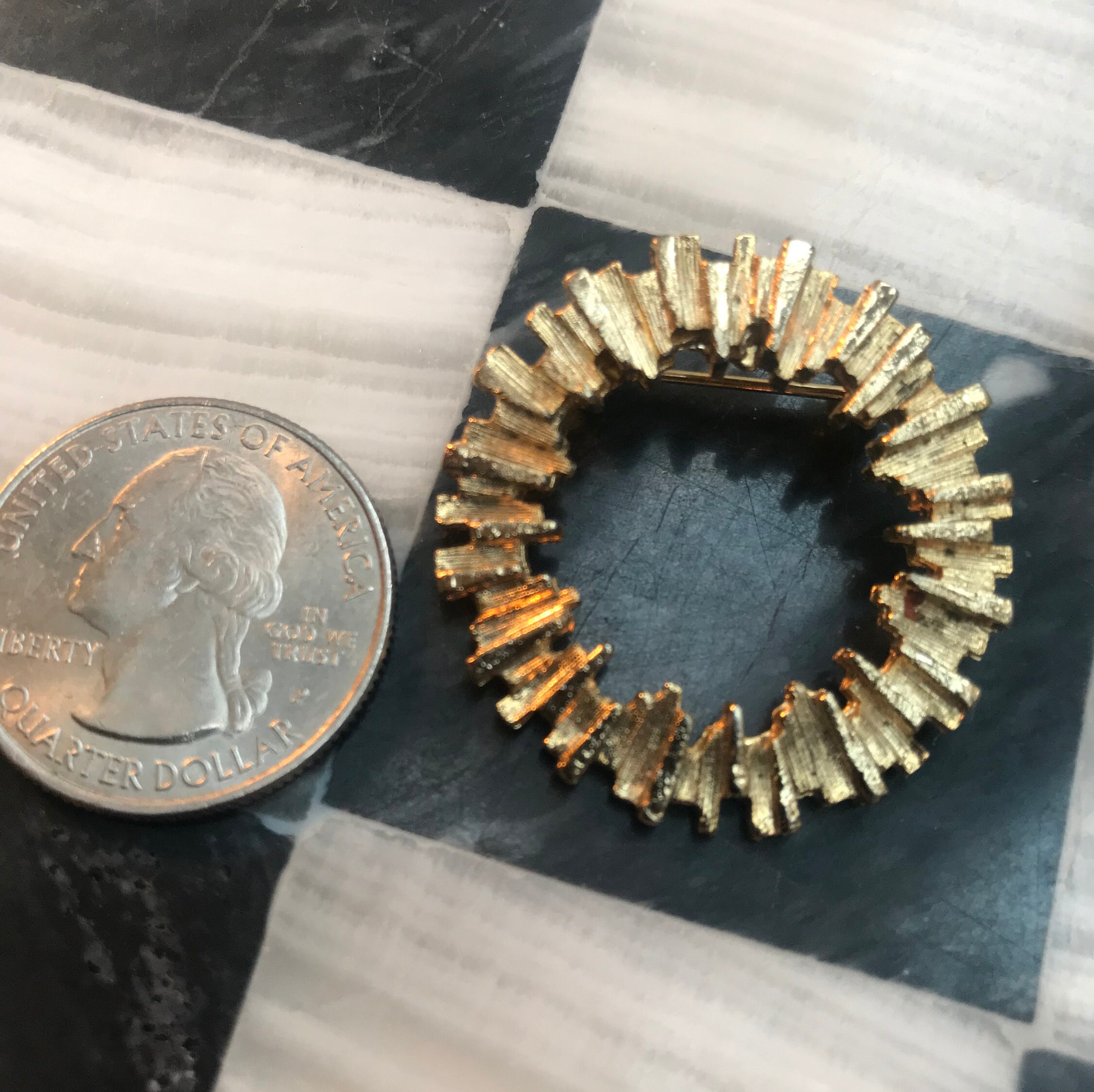Fantastic Mid Century Modernist Gold Circle Pin, Atomic Era Brutalist ...