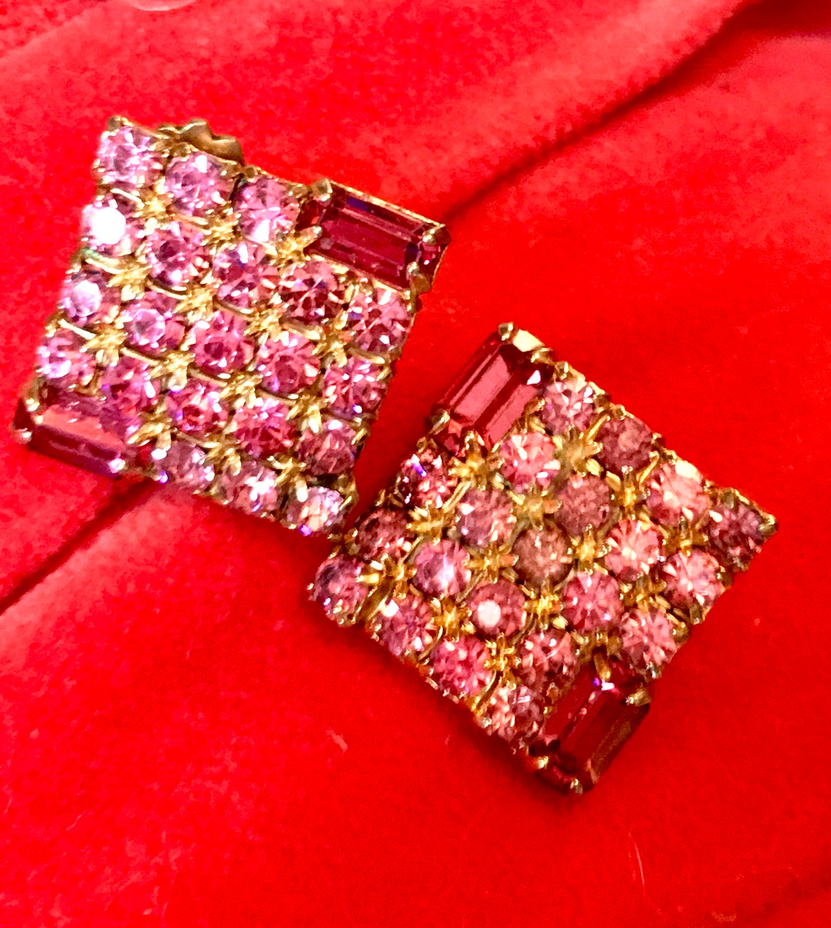 Pretty in Pink Square Art Deco Style Pink Rhinestone Vintage Clip on ...