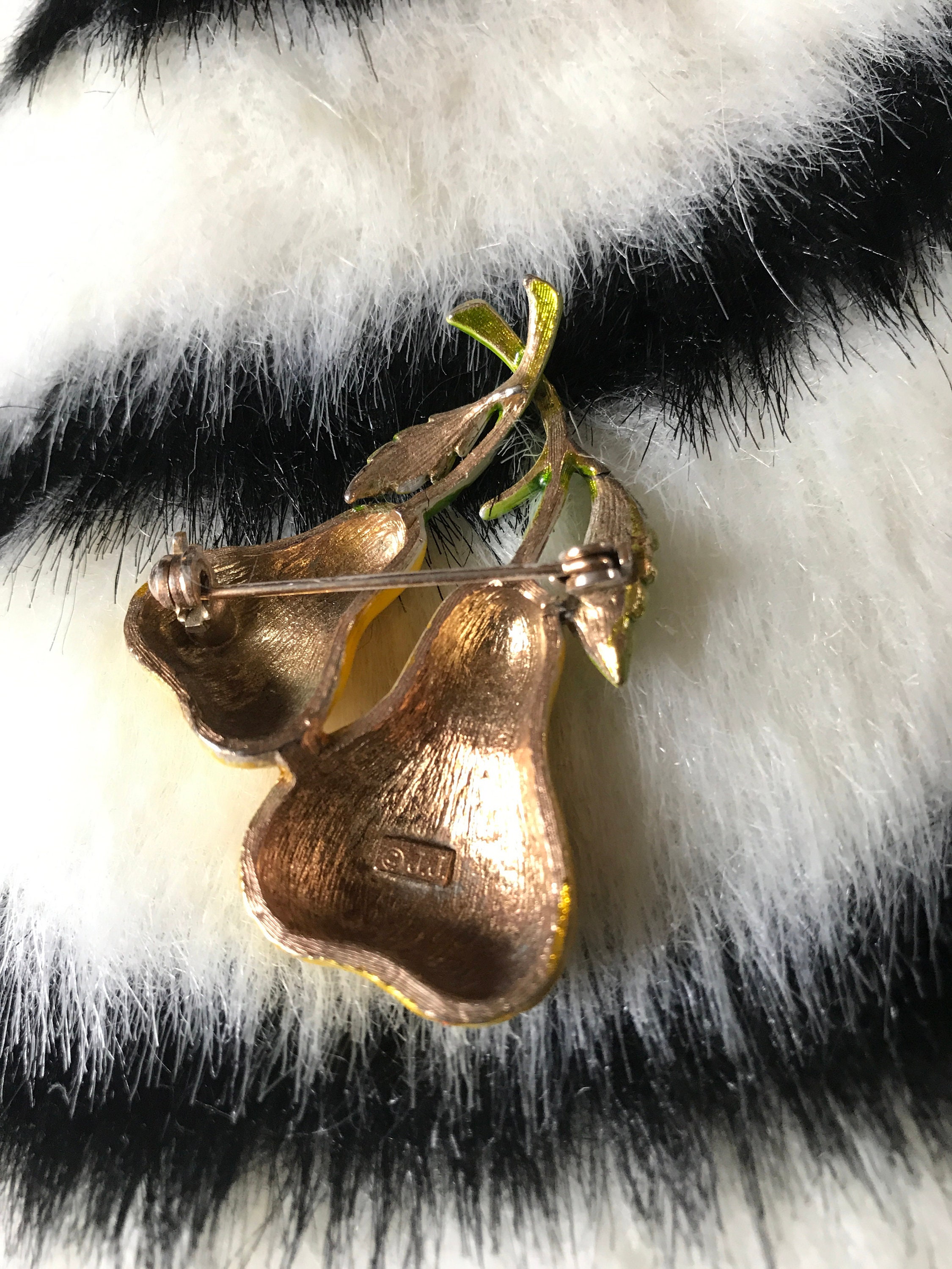 Mid Century Signed JJ Bright Yellow Enamel Fruit Pears Vintage Pin