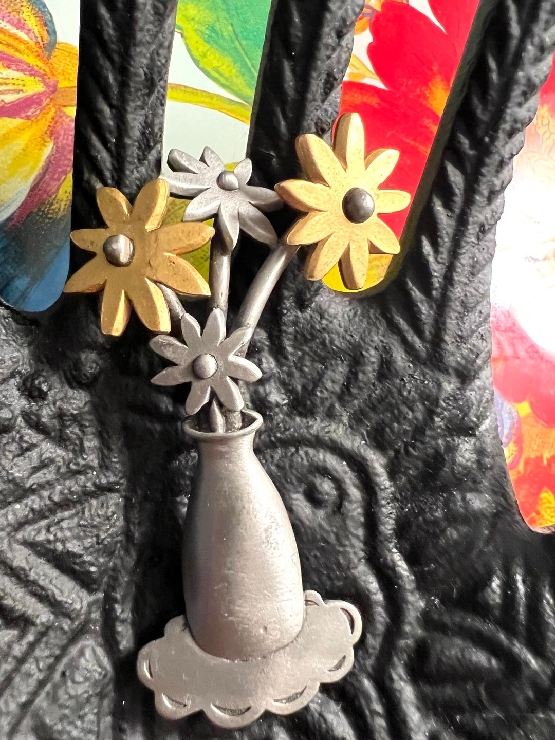 Mid Century Floral Lapel Pin, Pewter Tone Vase, JJ Signed - Etsy