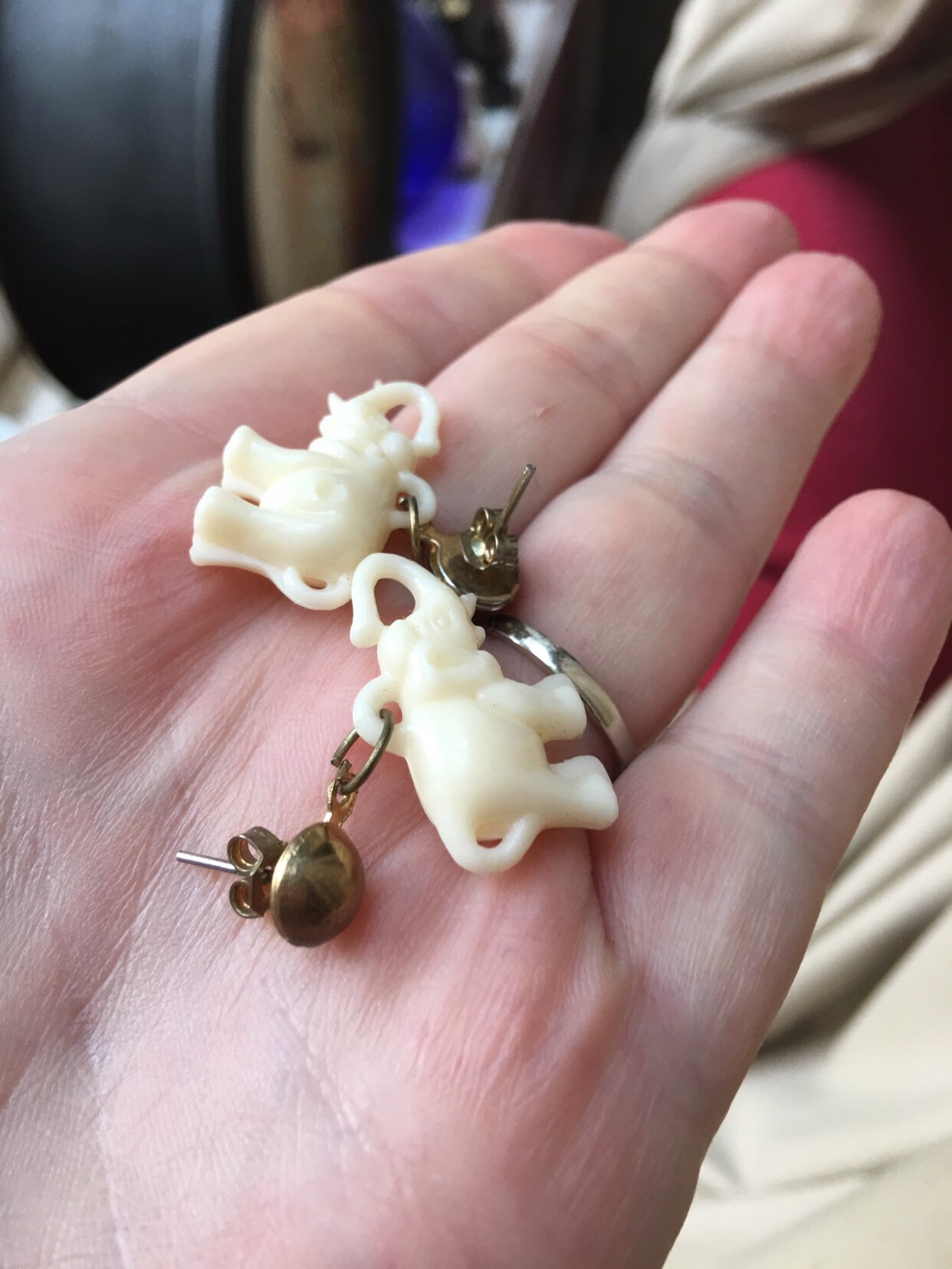 Vintage Faux Ivory Elephant Charm Earrings, Mid Century Plastic Jewelry