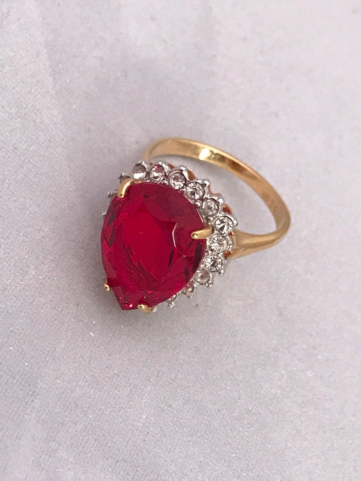 Big Red & Clear Zirconia Teardrop Shaped Bling Statement Cocktail Ring