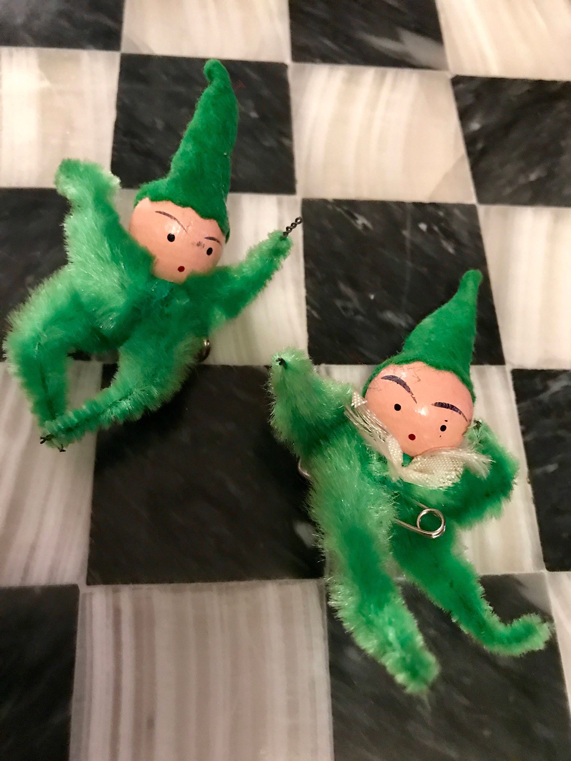 2 Mid Century Vintage Pipe Cleaner & wood Folk Art Hand Made Green Elf ...