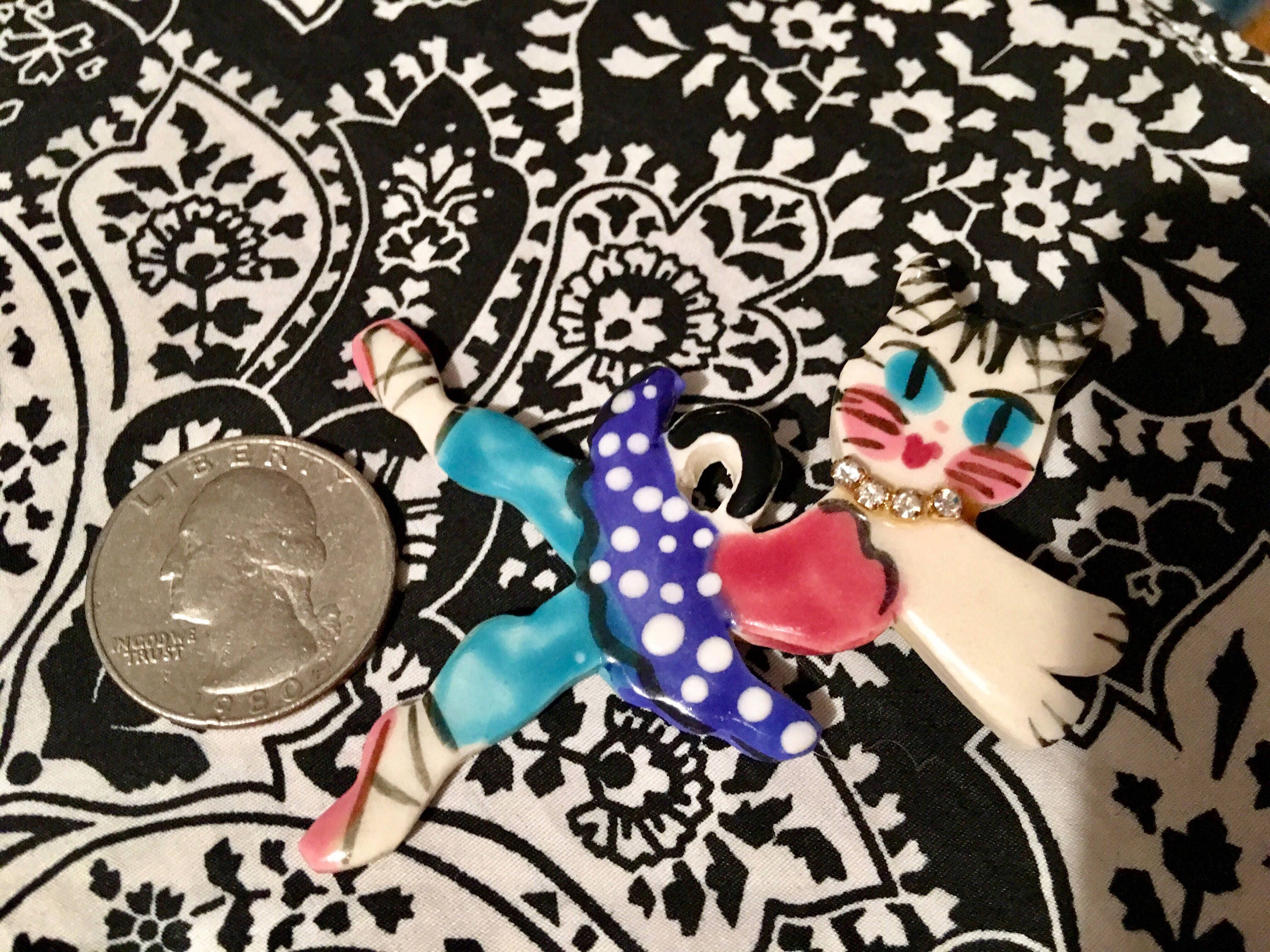 Vintage Hand Painted Porcelain Leaping Ballerina Kitty Cat Pin Brooch ...