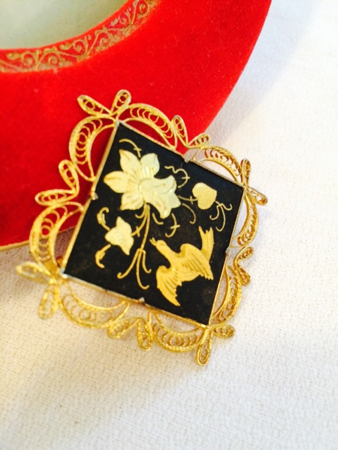 Vintage Spanish Damascene Black & Gold Filigree Styled Eastern Bird ...