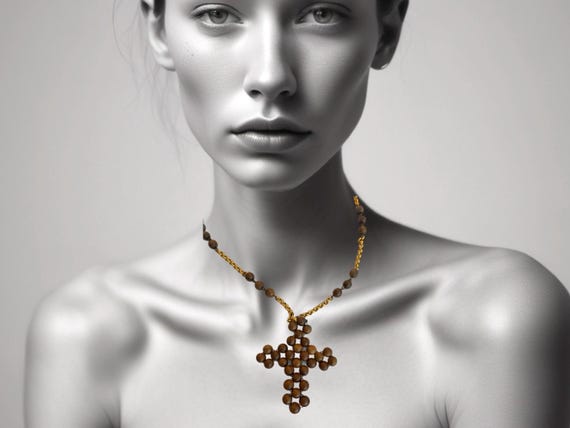 Soulful Wood Cross Bling, 70s Glam Rock Natural Beade… - Gem