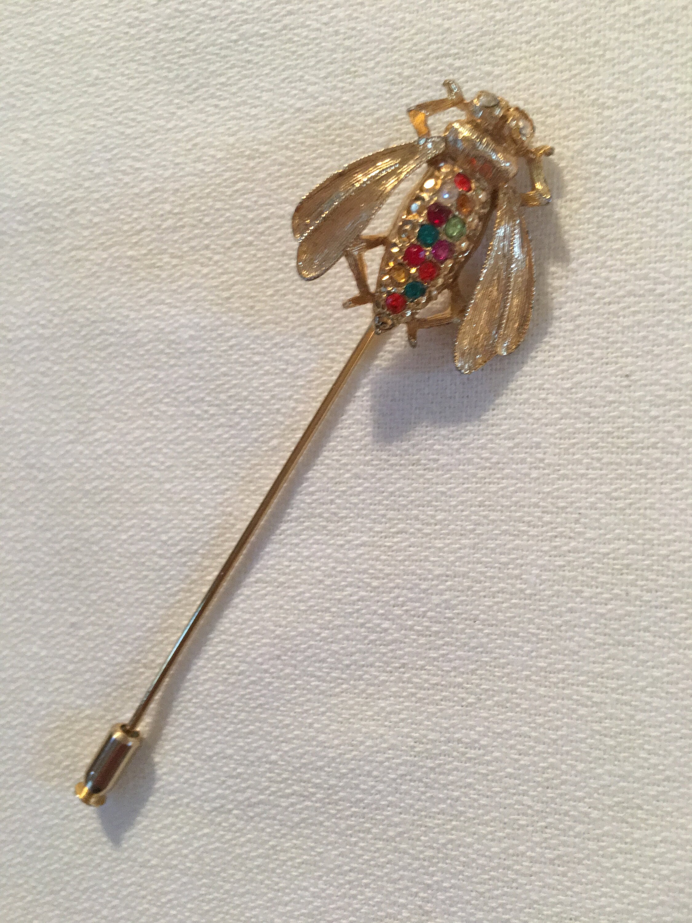Vintage Rainbow Rhinestone Bumble Bee Stick Pin Signed JJ