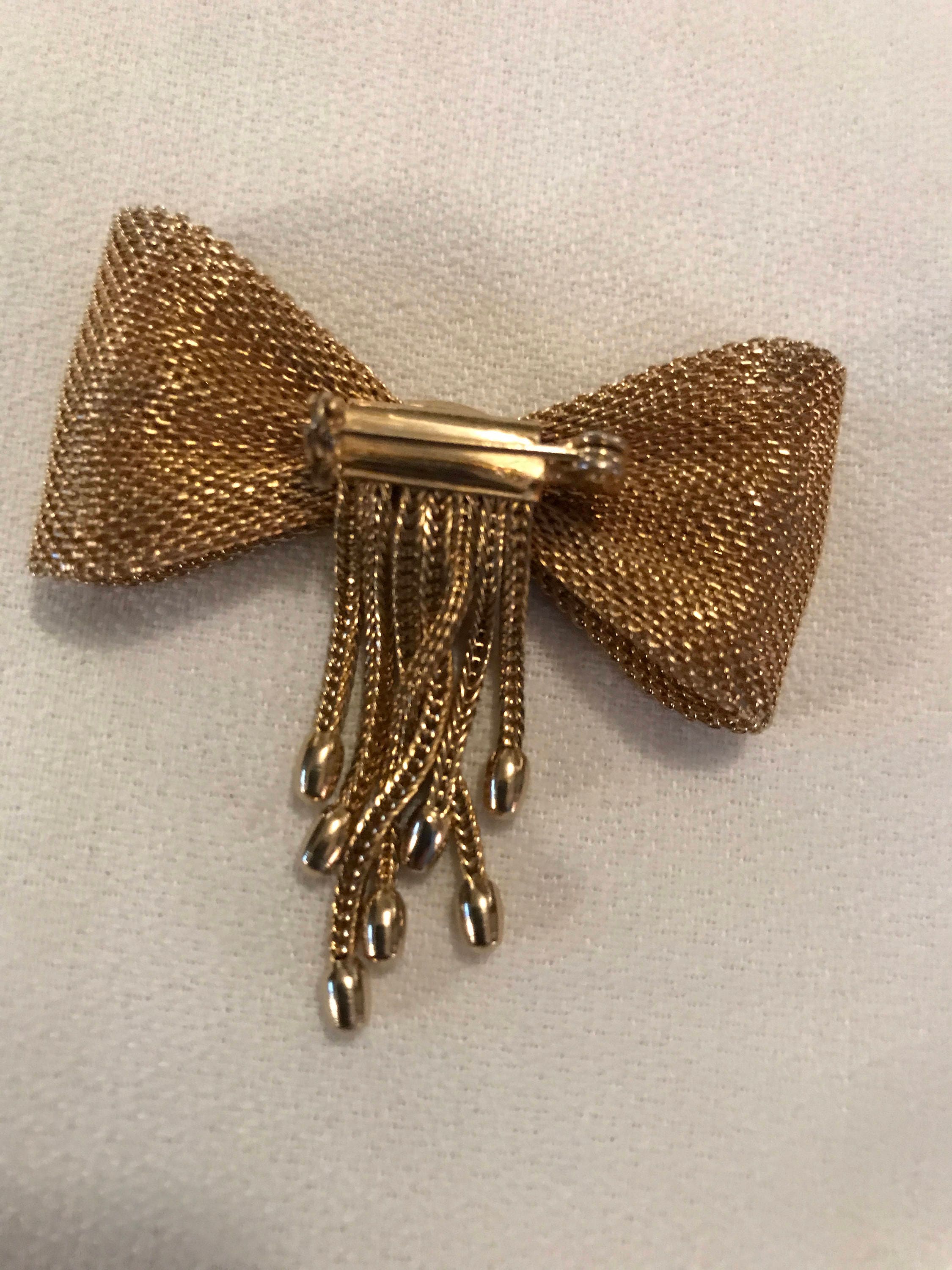 Beautiful Vintage Gold Mesh BOW Brooch Pin with Beaded Foxtail Dangles ...