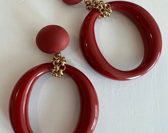 Huge Brick Red Hoops With Goldtone Chain Statement Earrings, Stylish ...