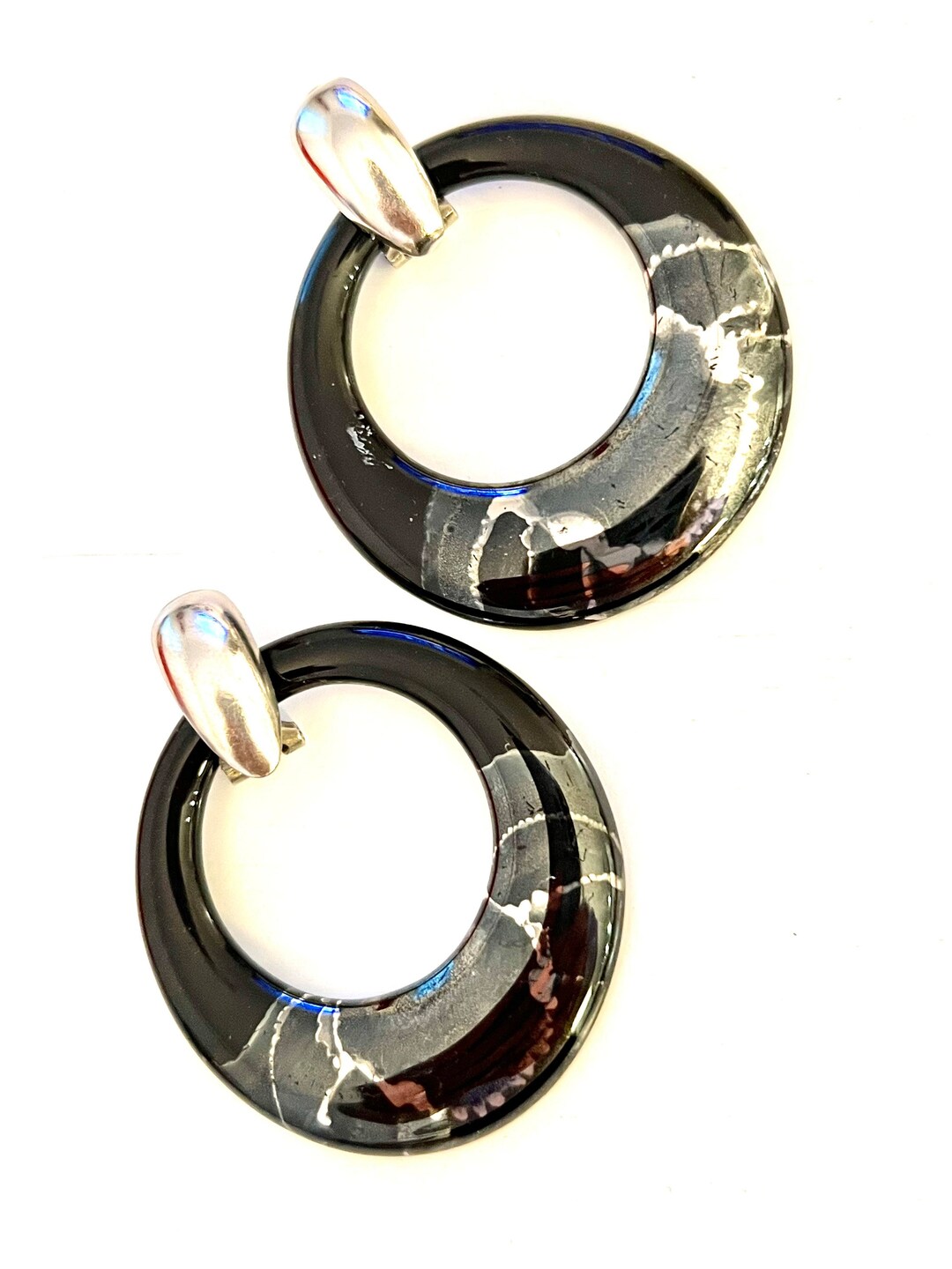 80s Black Hoops With Silver Splatter Art and Interchangeable Silver ...