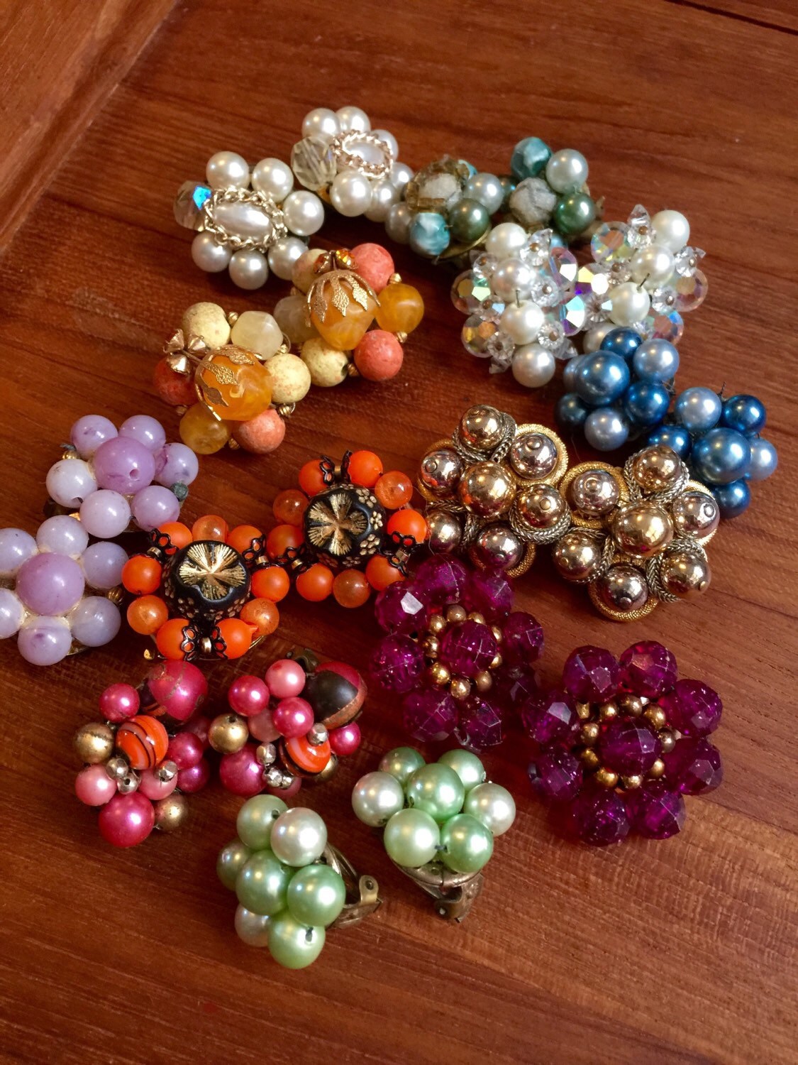 11 pair collection of colorful vintage cluster bead earrings