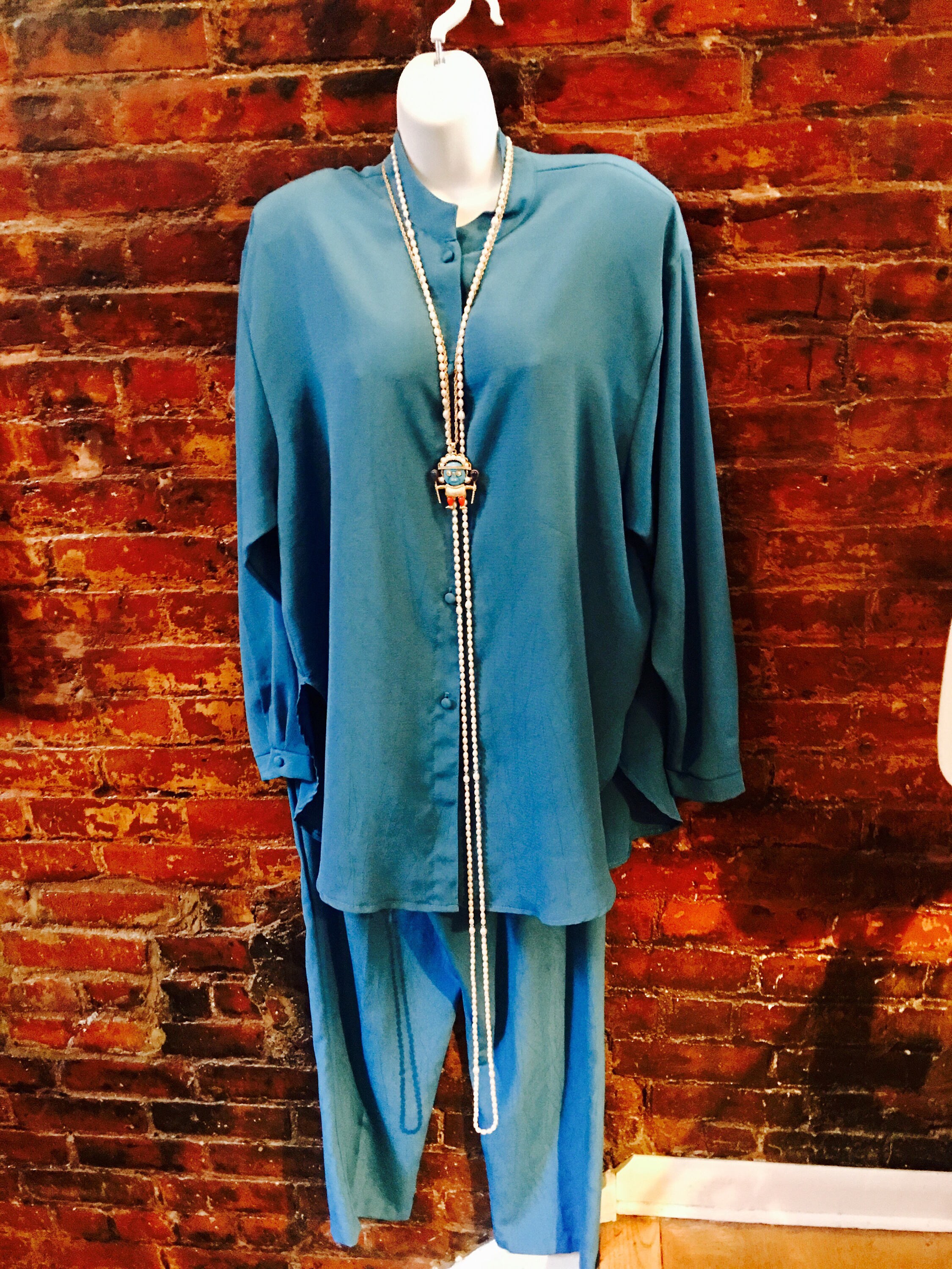 Vintage 1980's Turquoise Mandrain Collar Long Shirt Shoulder Padded ...