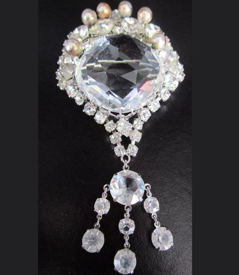 West German Rhinestone Faux Pearl Vintage Dangling Brooch Pin by Max Muller
