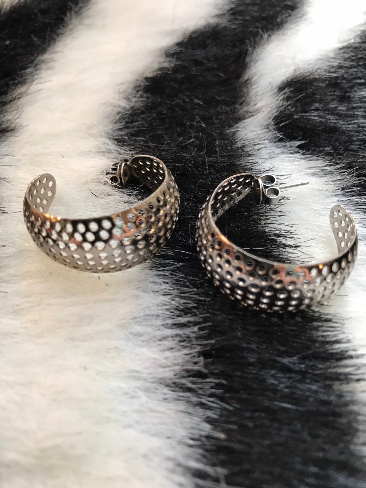Mid Century Modernist Perforated Openwork Silvertone Hoop Earrings in ...