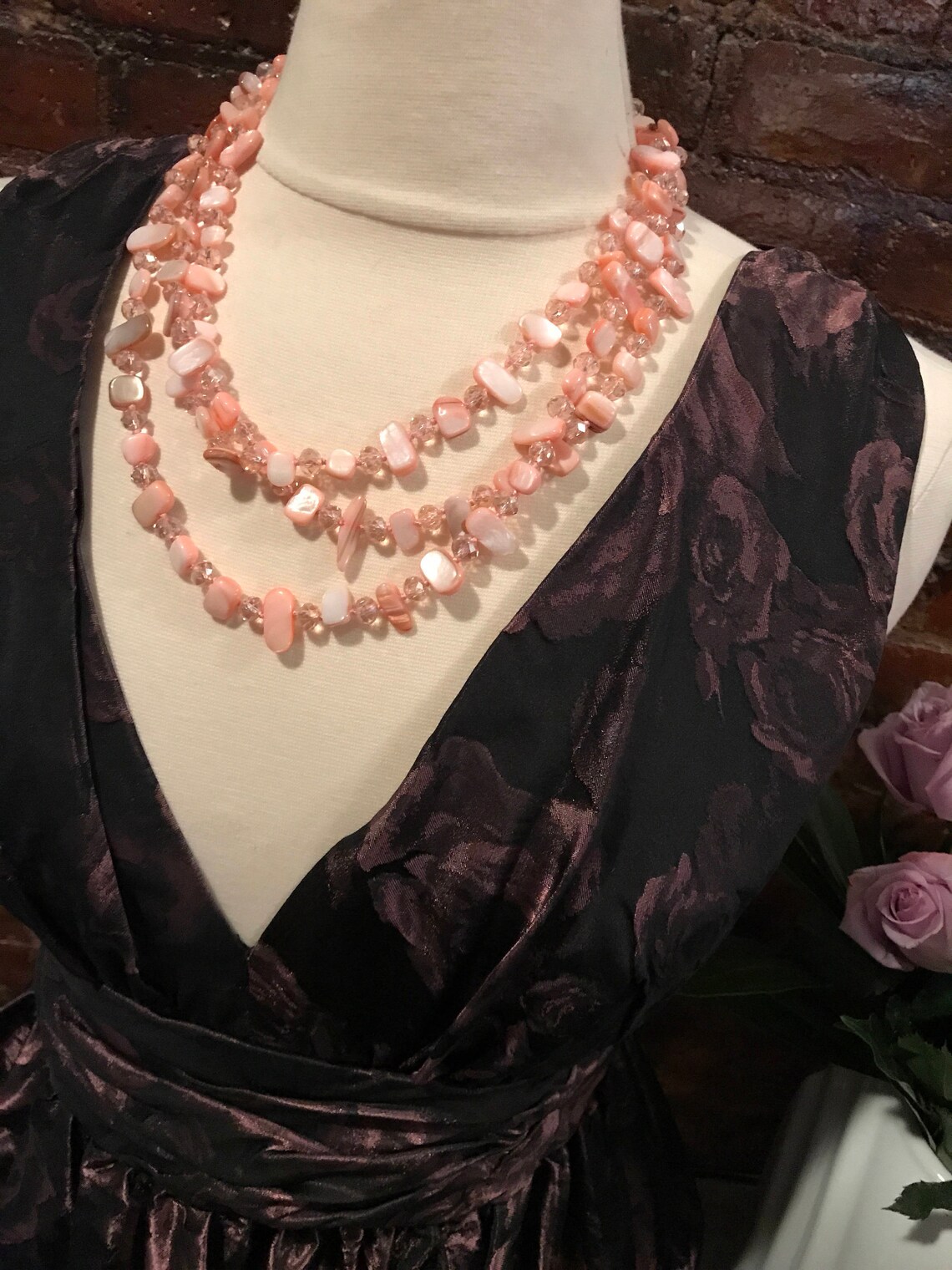 Trending Vintage Pretty Pink Shell & Crystals Beaded Necklace - Etsy