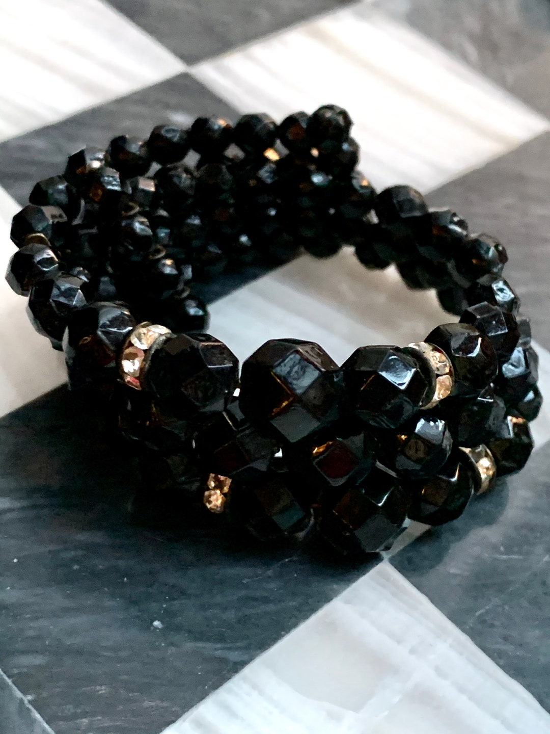 Jett Black Crystal Gem Bracelet, With Rhinestone Rondel Spacers ...
