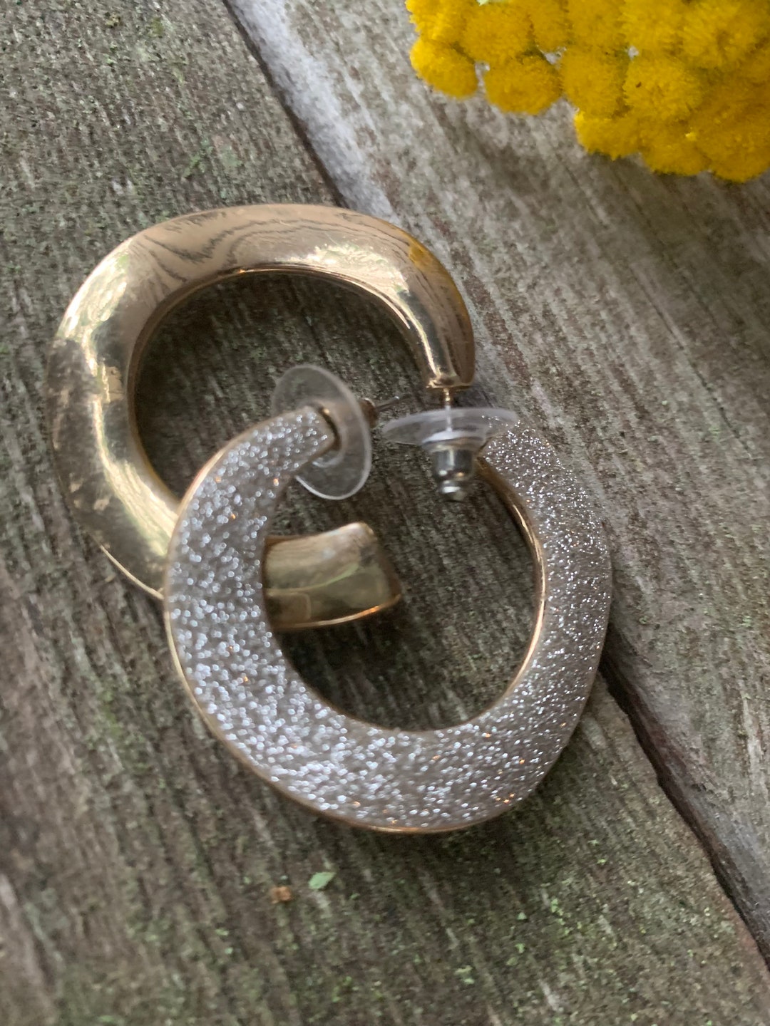 Vintage Diamond Dust Golden Hoop Statement Earrings, Abstract Modernist ...