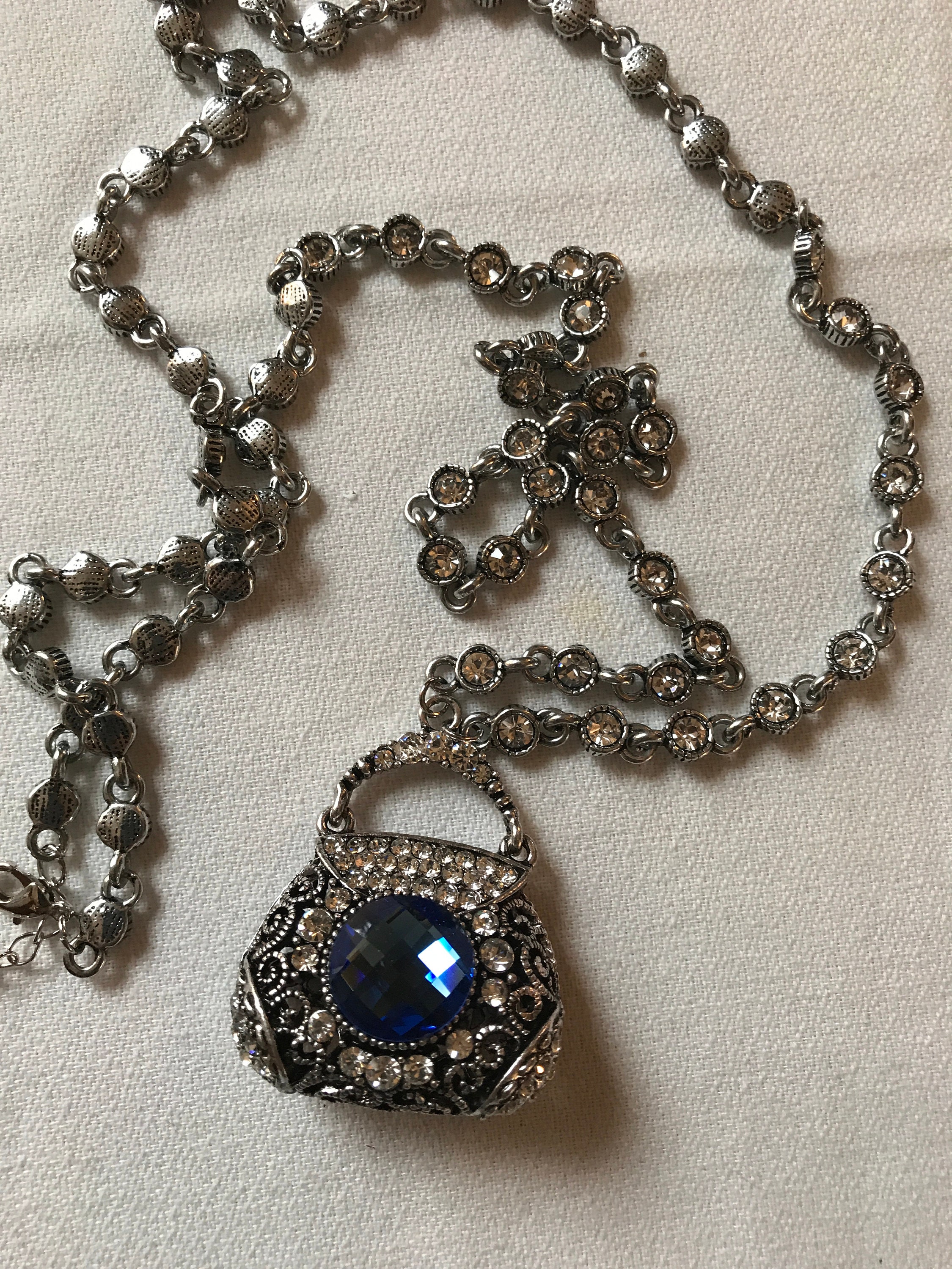 Striking Sapphire blue & Ice Rhinestone Purse Handbag Charm Necklace
