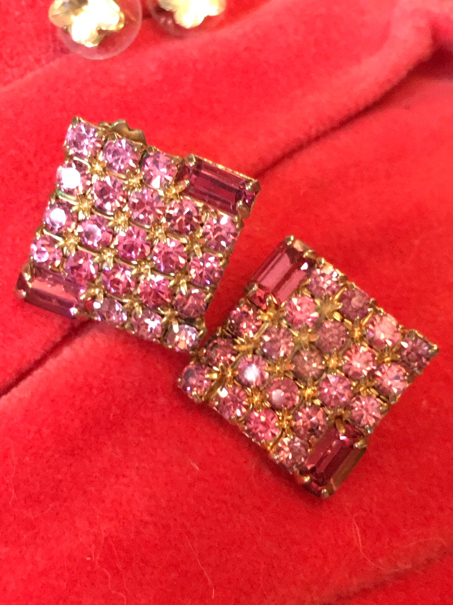 Pretty in Pink Square Art Deco Style Pink Rhinestone Vintage Clip on ...