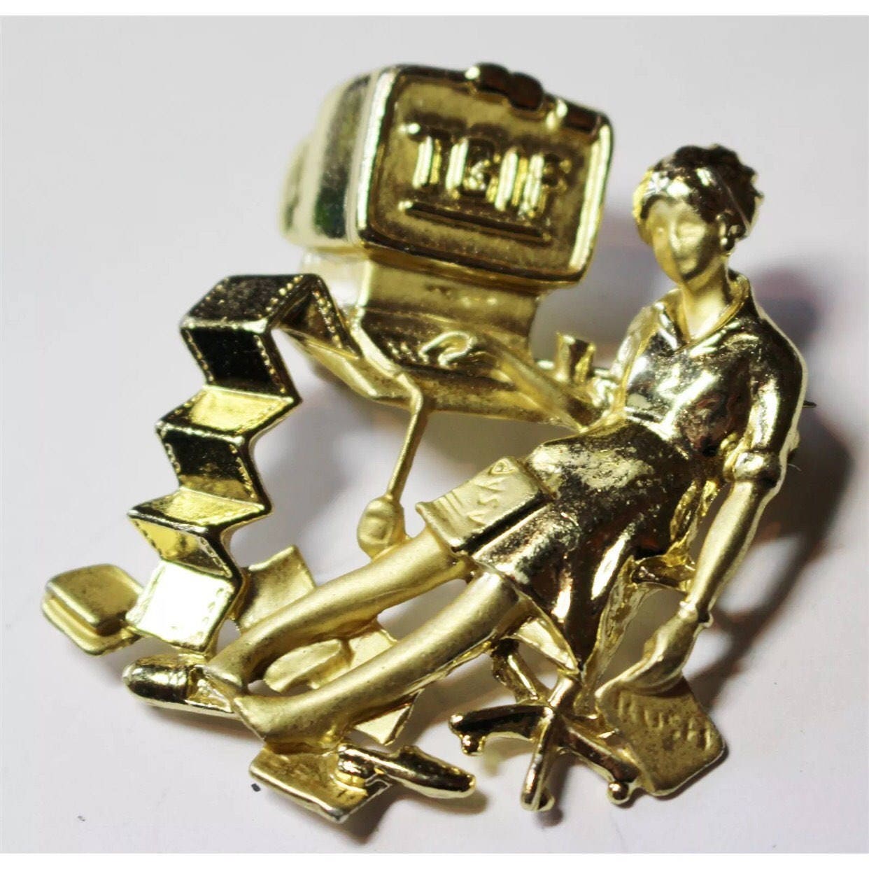 Vintage Goldtone AJC signature style TGIF Lady Sprawled out at her ...