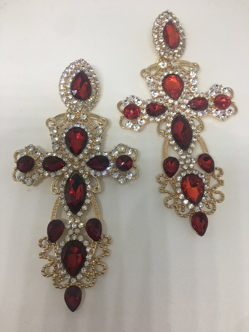 Huge Gothic Red Cross Dangles, Red Rhinestone Runway Glamour Jewelry ...