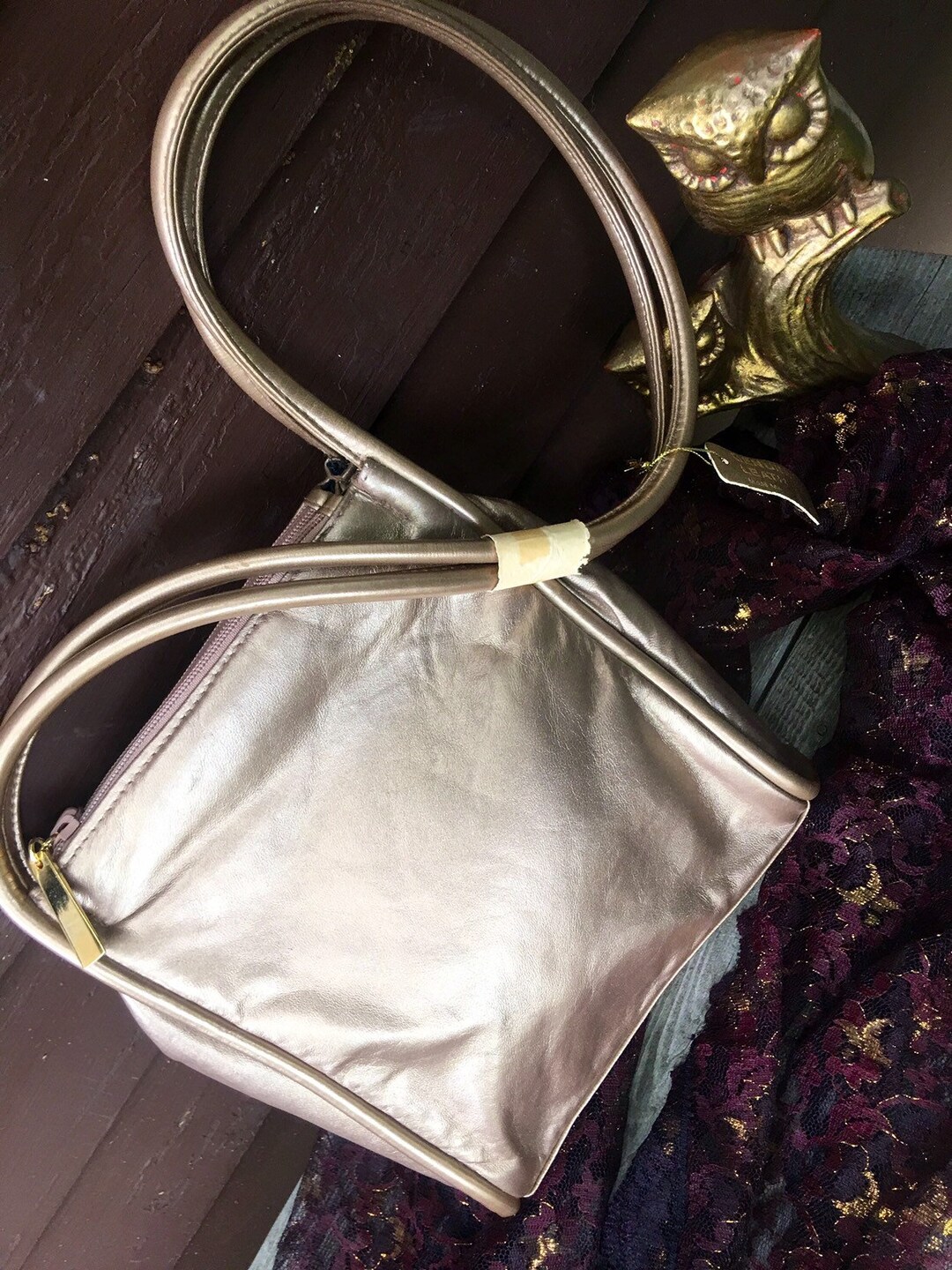 Chic Late 70s Minimalist Disco Golden Leather Handbag, Tucked Away ...