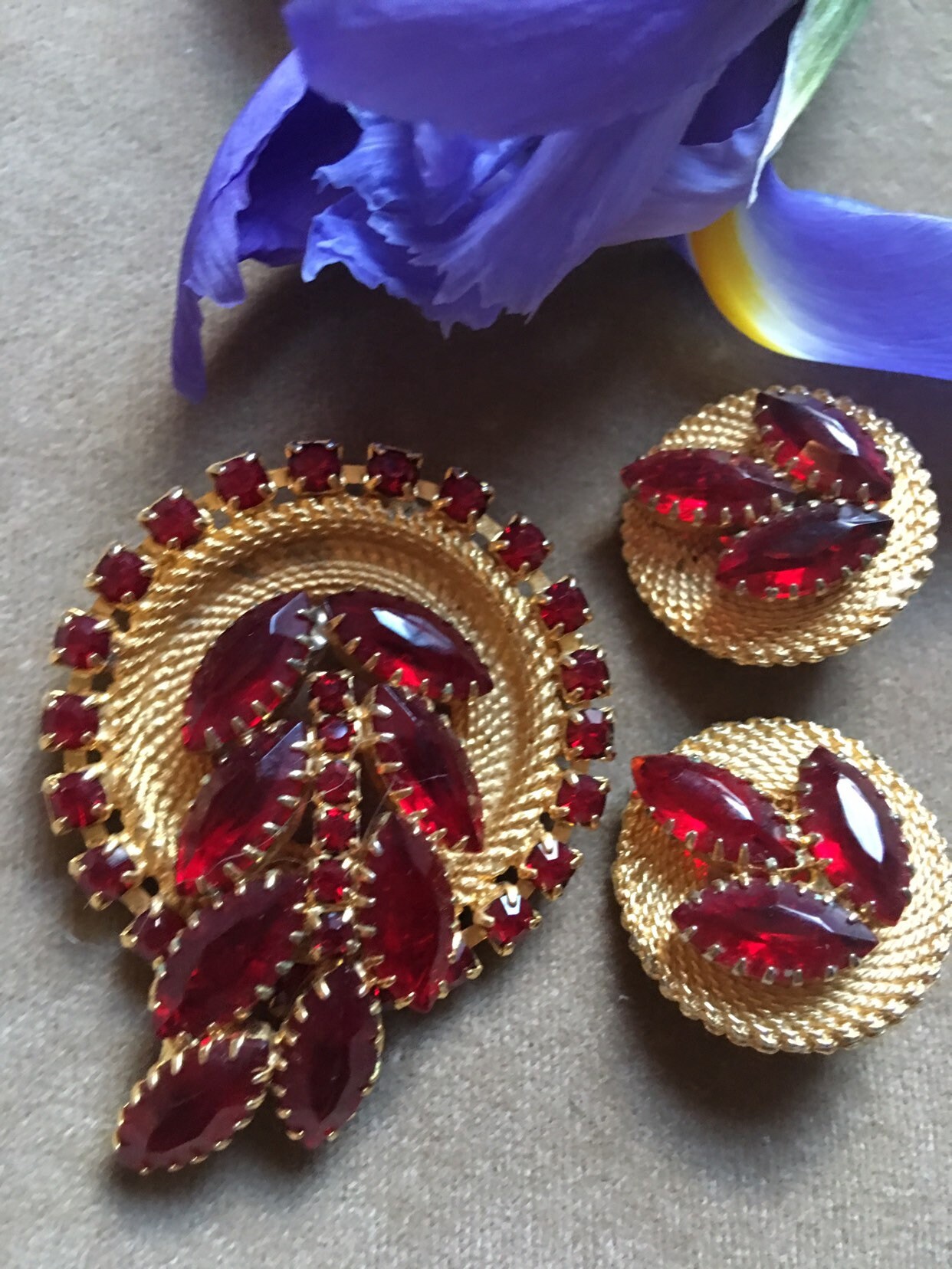 Red Rhinestone Gems & Golden Mesh Vintage Pin and Earrings Set