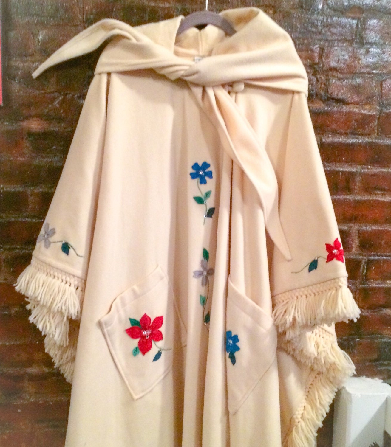 FINALSALE ivory cream long wool cape with stunning colorful Floral ...