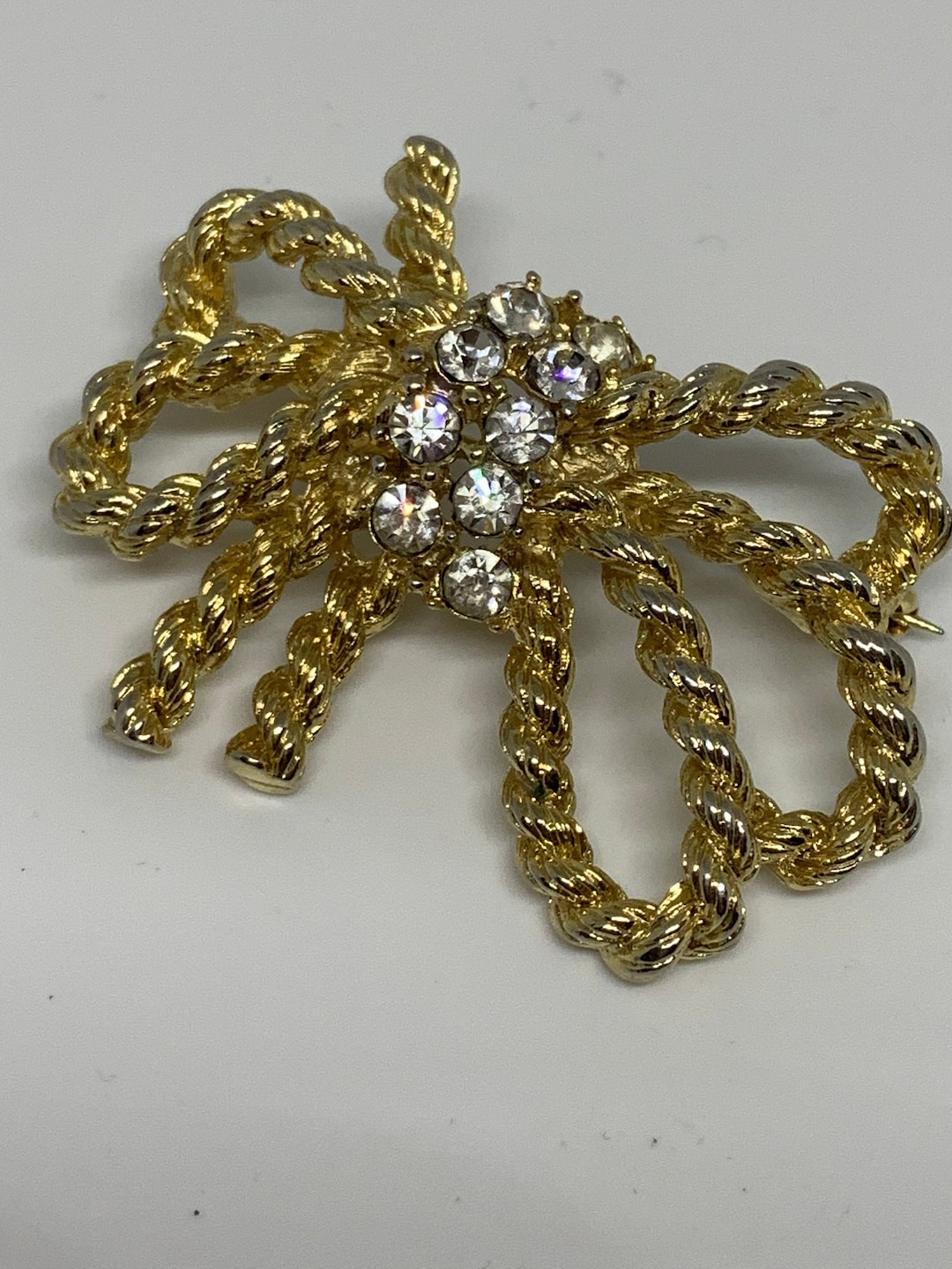 Vintage Rhinestone Bow Brooch, Gold Tone Rope Lapel Pin, Signed Jewelry ...