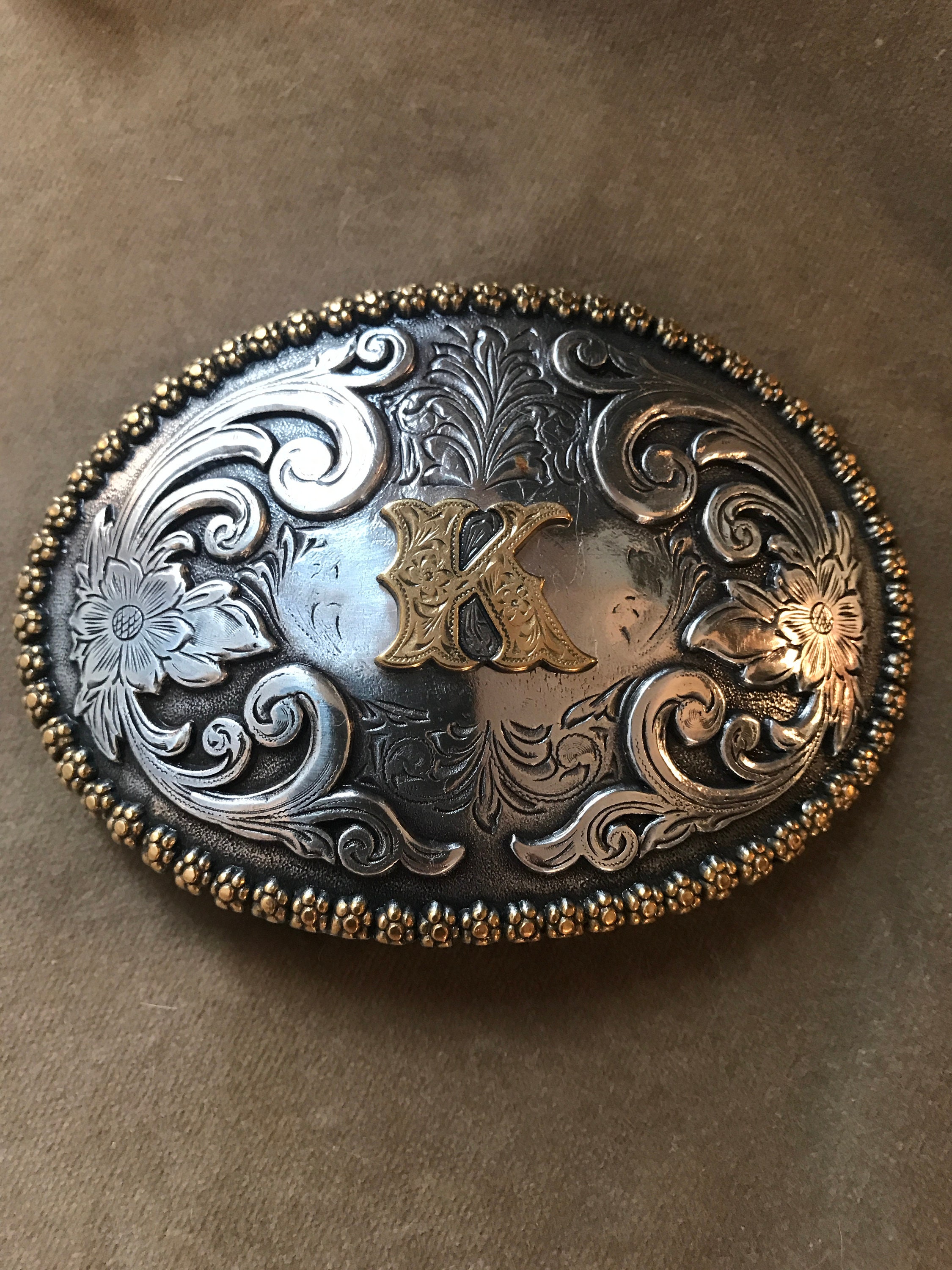 Letter K Western Style Belt Buckle, Two Tone Gold on Silver tone with ...