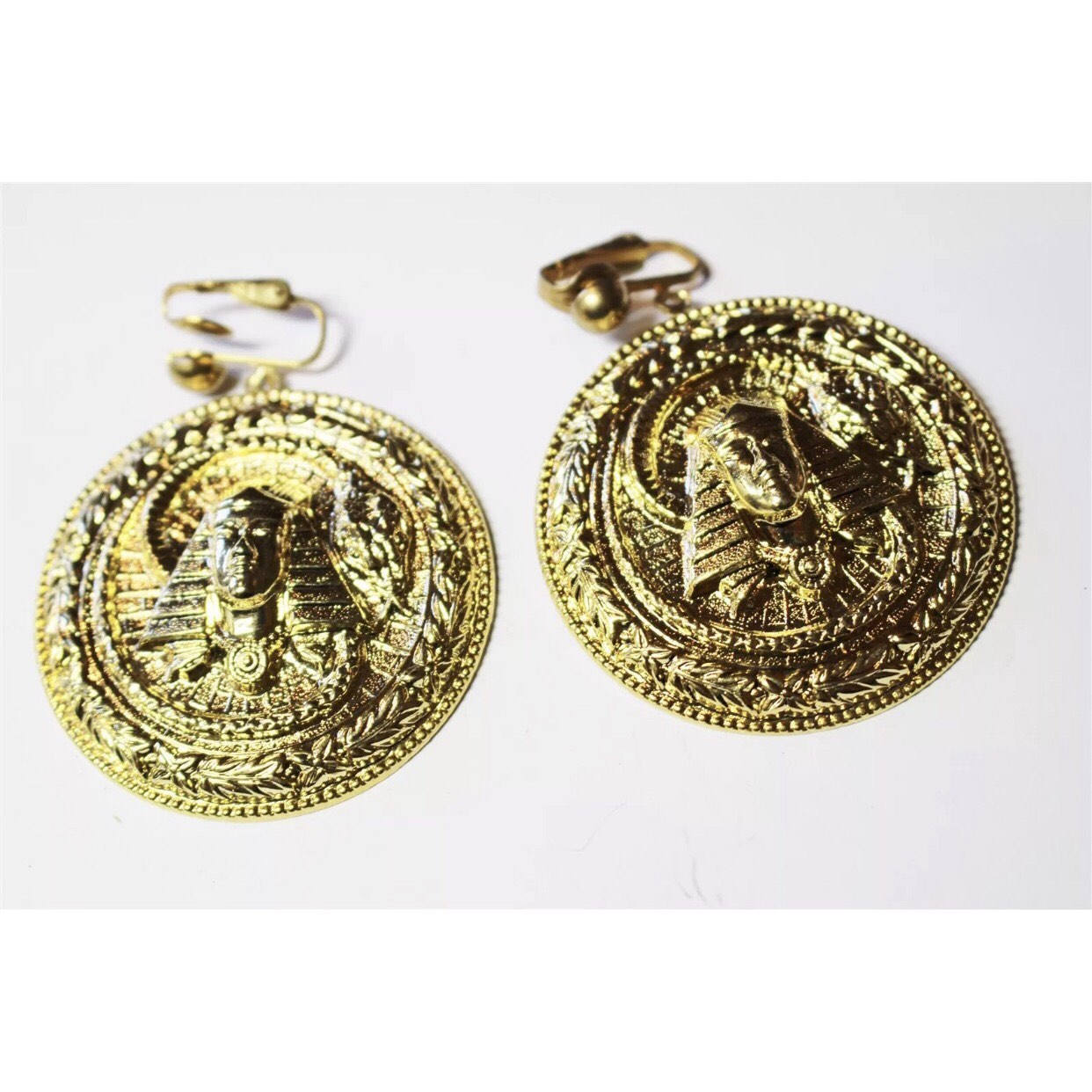 Large Round Gold Tone Pharaoh Spinx Egyptian Revival Clip on Earrings