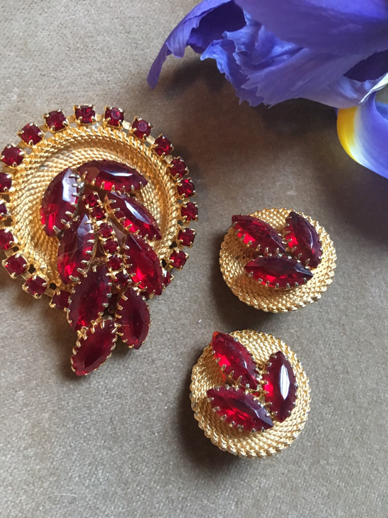 Red Rhinestone Gems & Golden Mesh Vintage Pin and Earrings Set