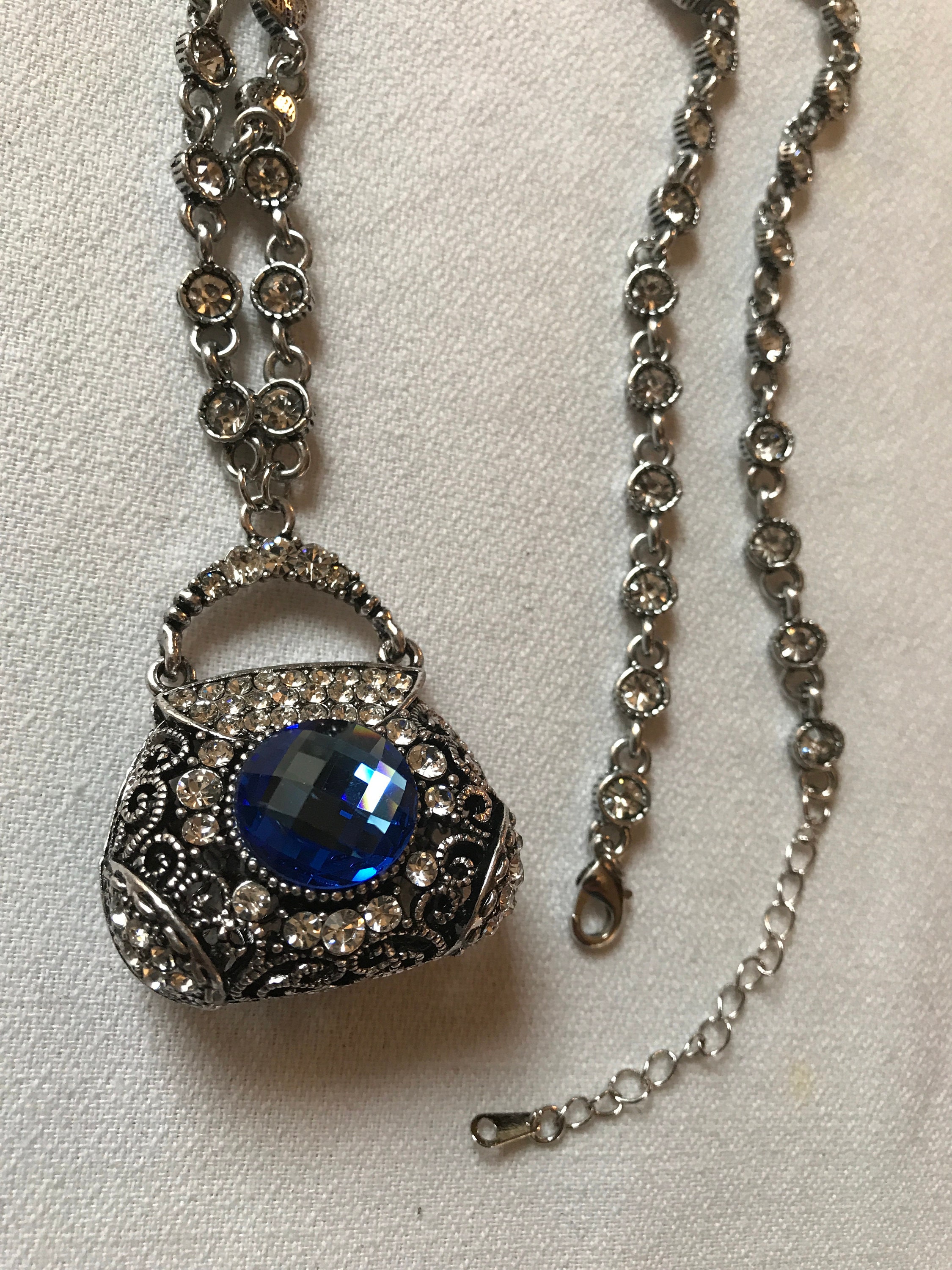 Striking Sapphire blue & Ice Rhinestone Purse Handbag Charm Necklace