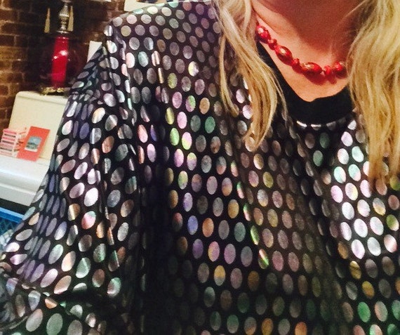 Shimmery Silver Disco Polka Dots on black oversized T… - Gem