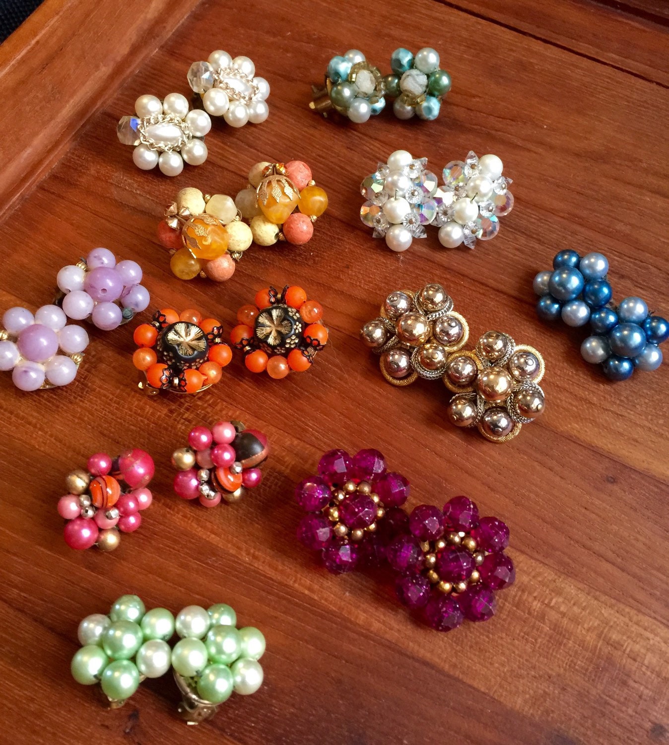 11 pair collection of colorful vintage cluster bead earrings