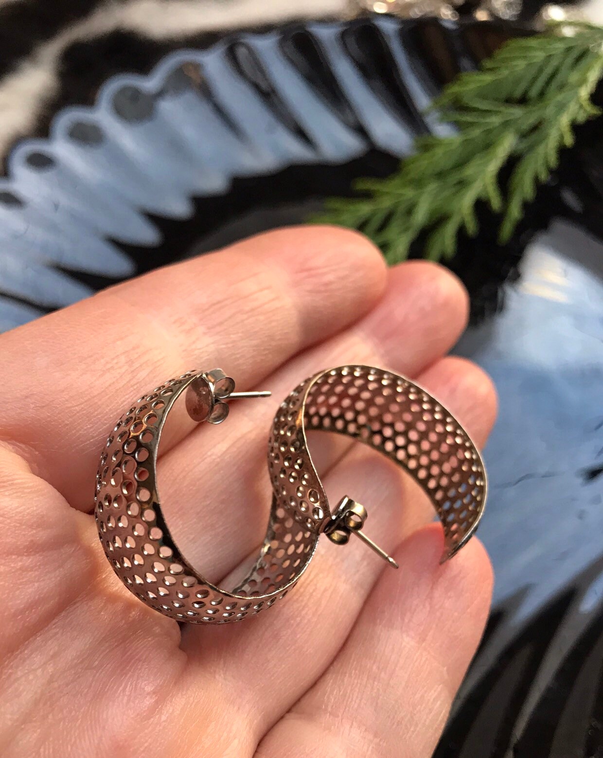 Mid Century Modernist Perforated Openwork Silvertone Hoop Earrings in ...