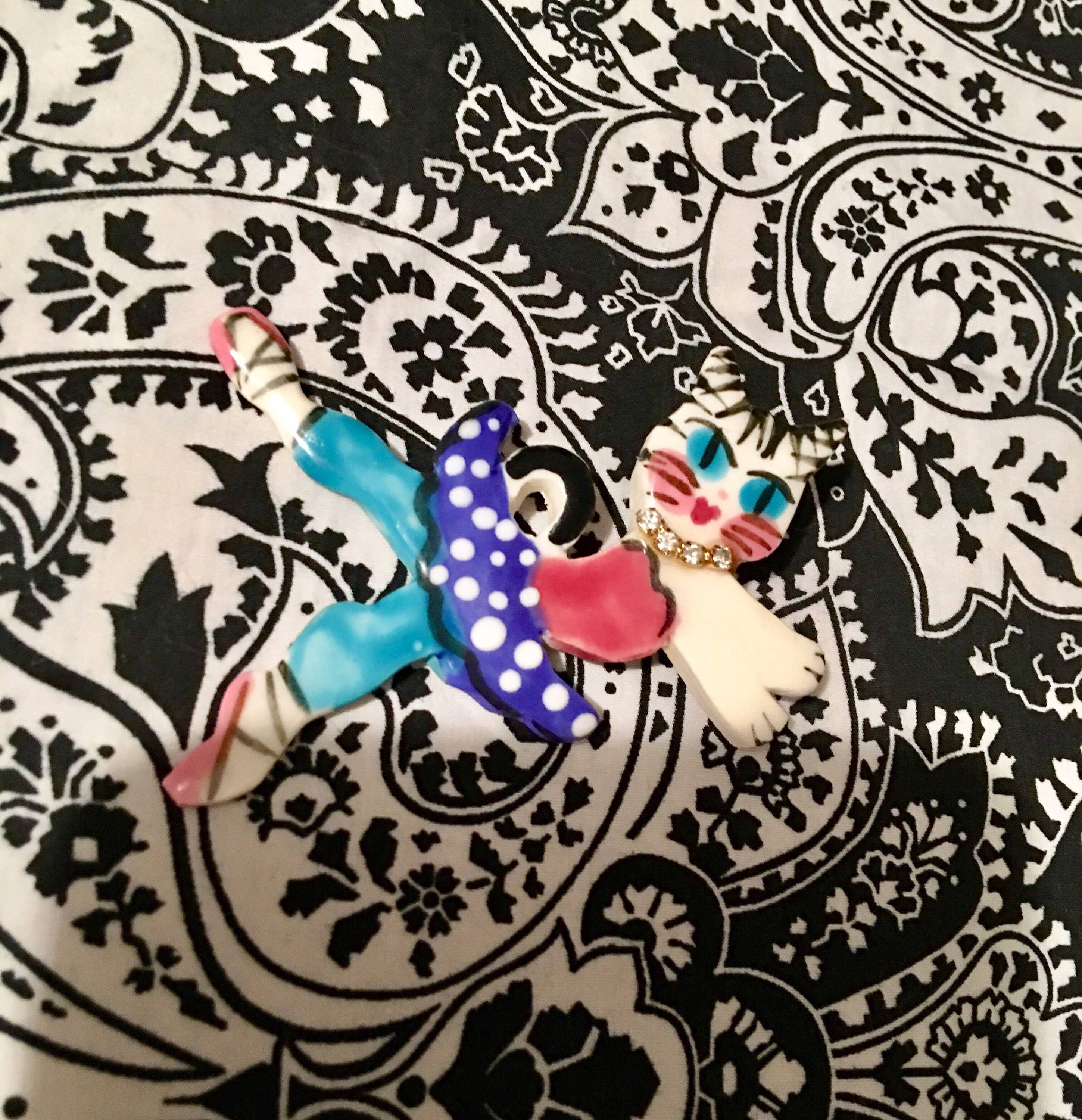 Vintage Hand Painted Porcelain Leaping Ballerina Kitty Cat Pin Brooch ...