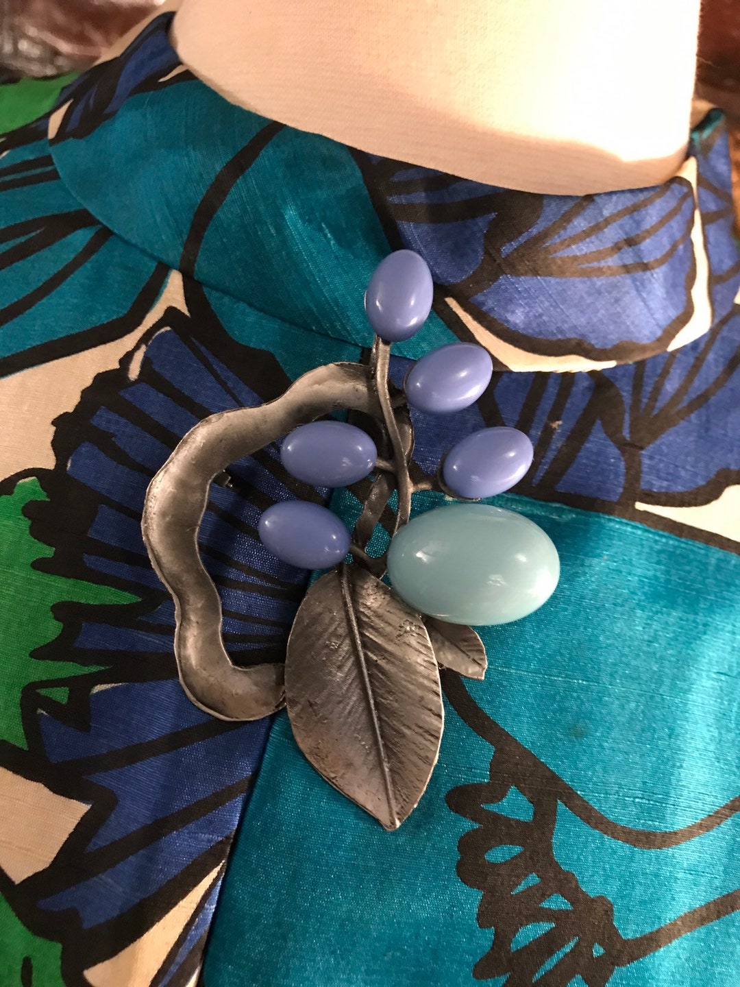 Modernist Pewter Leaves Pin, Robins Egg Blue Cabochon Brooch - Etsy