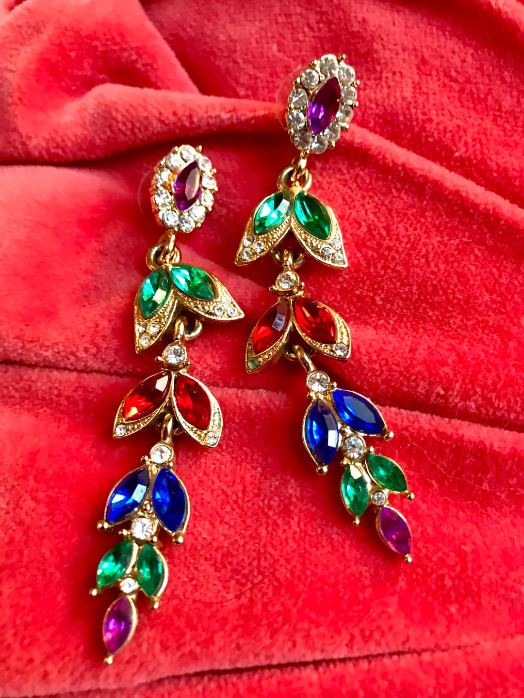 Rainbow Rhinestone Dangle Earrings: 80s 90s Runway Style - Etsy