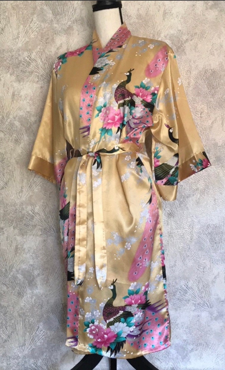 Goldenrod Yellow Floral Kimono Robe With Sash And Inside Ties Washable