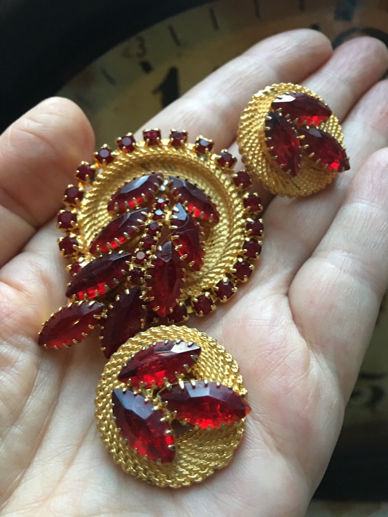 Red Rhinestone Gems & Golden Mesh Vintage Pin and Earrings Set