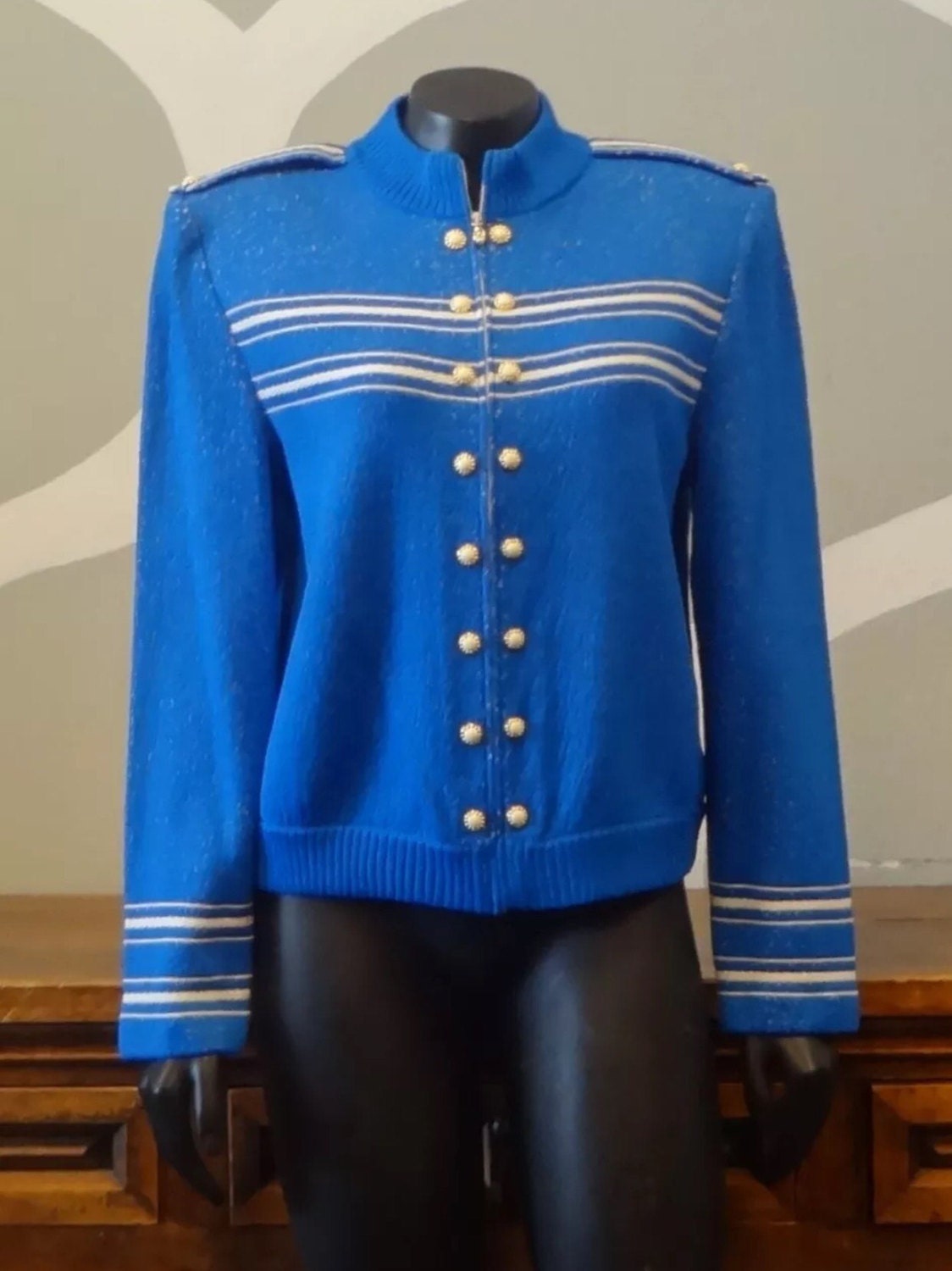 Vintage St John Cerulean blue knit zip sweater jacket /gold & enamel ...
