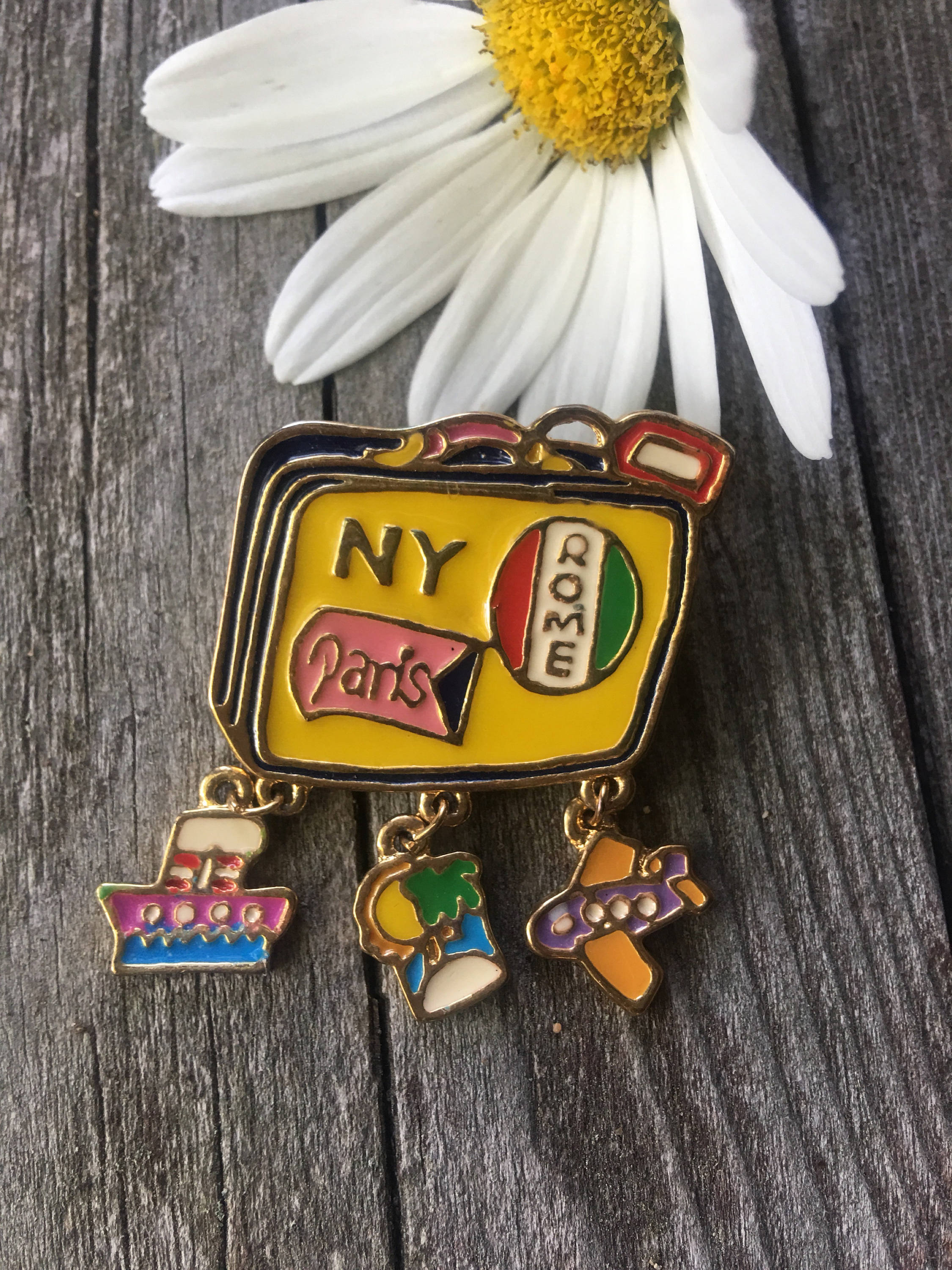 Signed 80's Vintage Jacket Lapel Pin Yellow Enamel Travel Suitcase ...