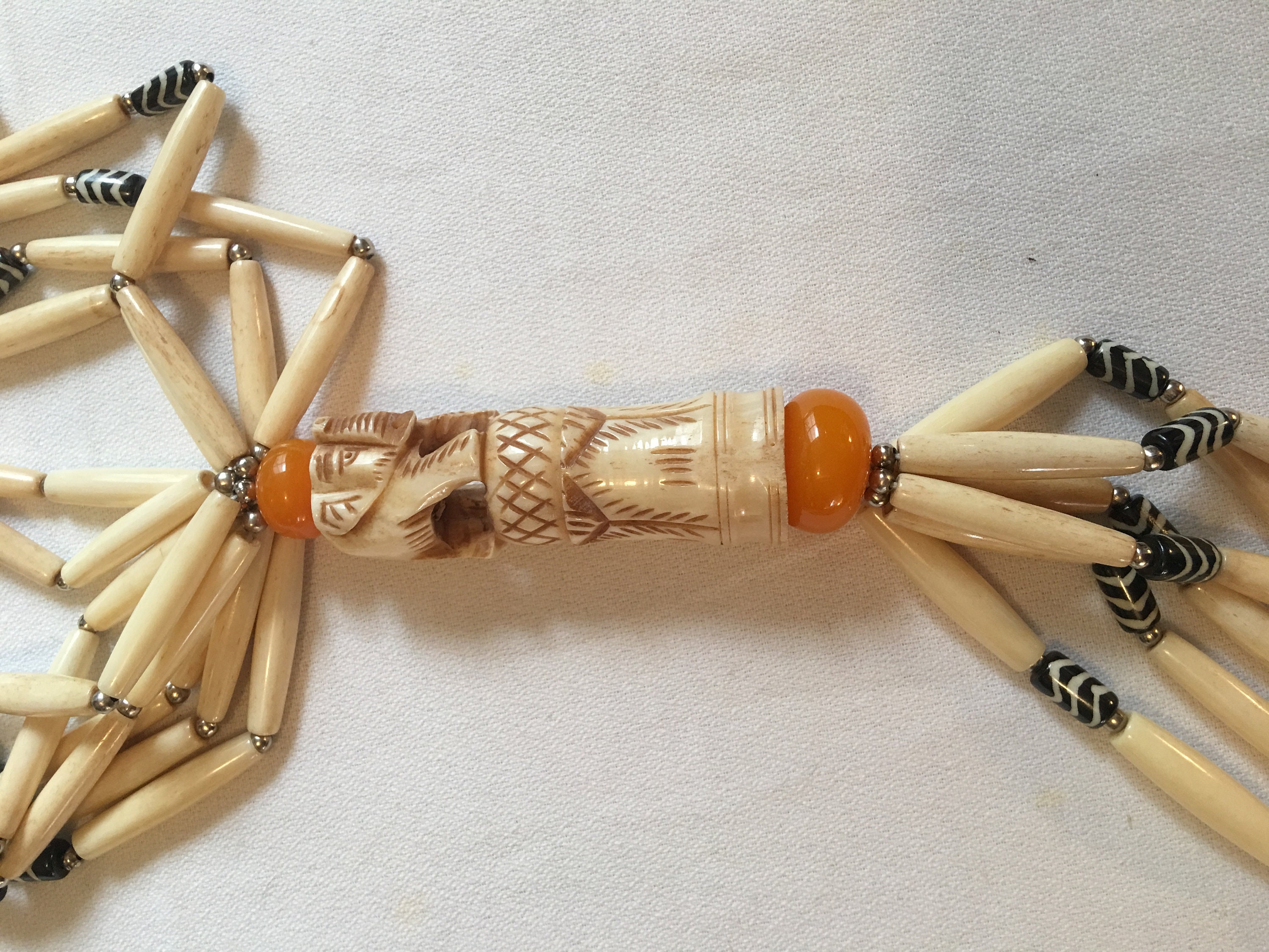 Big Bold Carved Elephant Faux Ivory & Butterscotch Beaded Boho Tribal ...