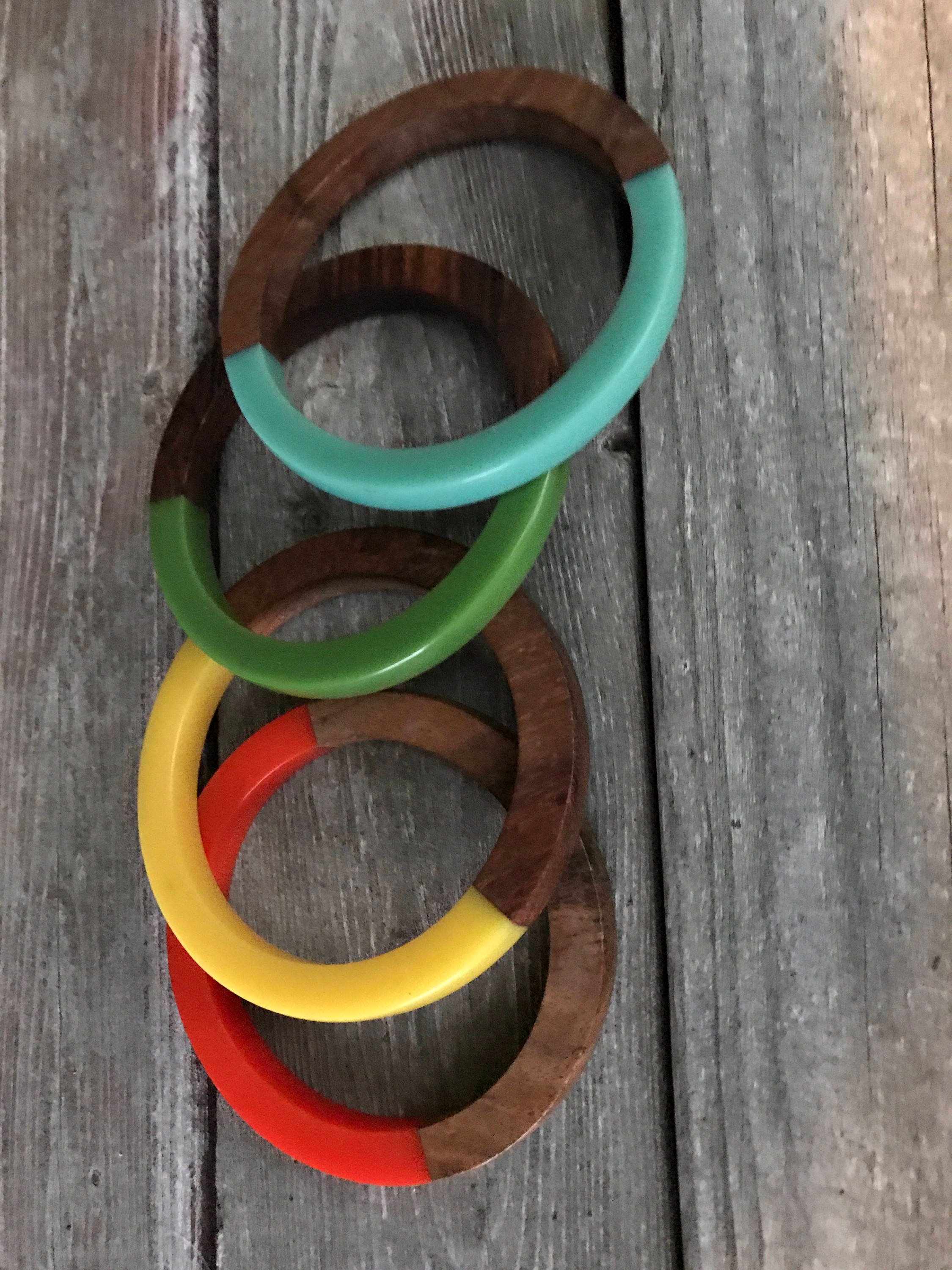 Set of 4 Amazing Mid Century Modernist Teak Wood & Melamine or Lucite 70's Mod colored Bangle ...